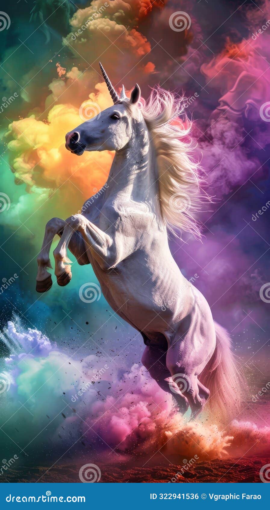 White Unicorn Rearing with Rainbow-colored Smoke Background Stock Photo ...