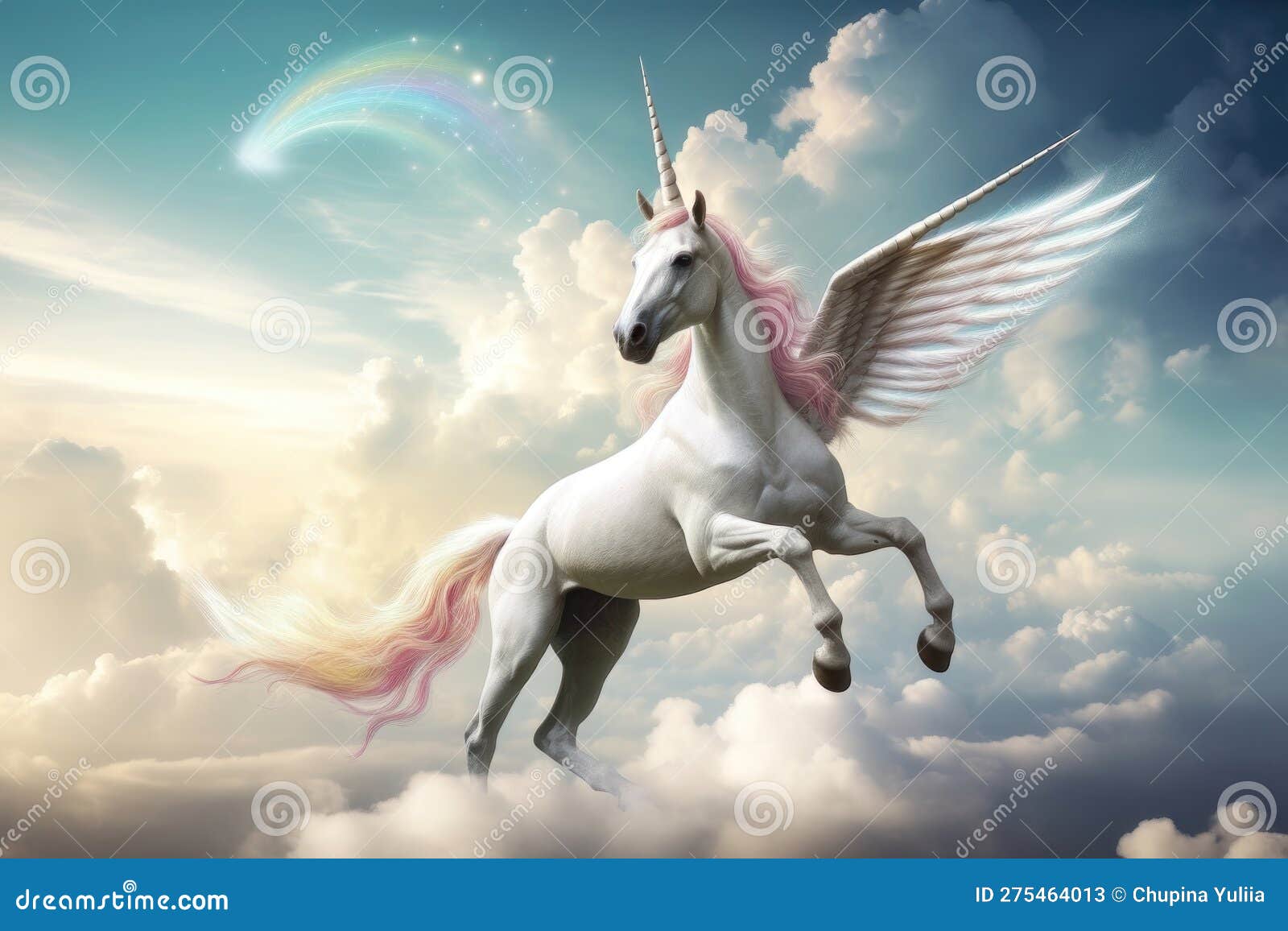 A White Unicorn with Wings Flying Over a Rainbow. AI Generated Stock ...