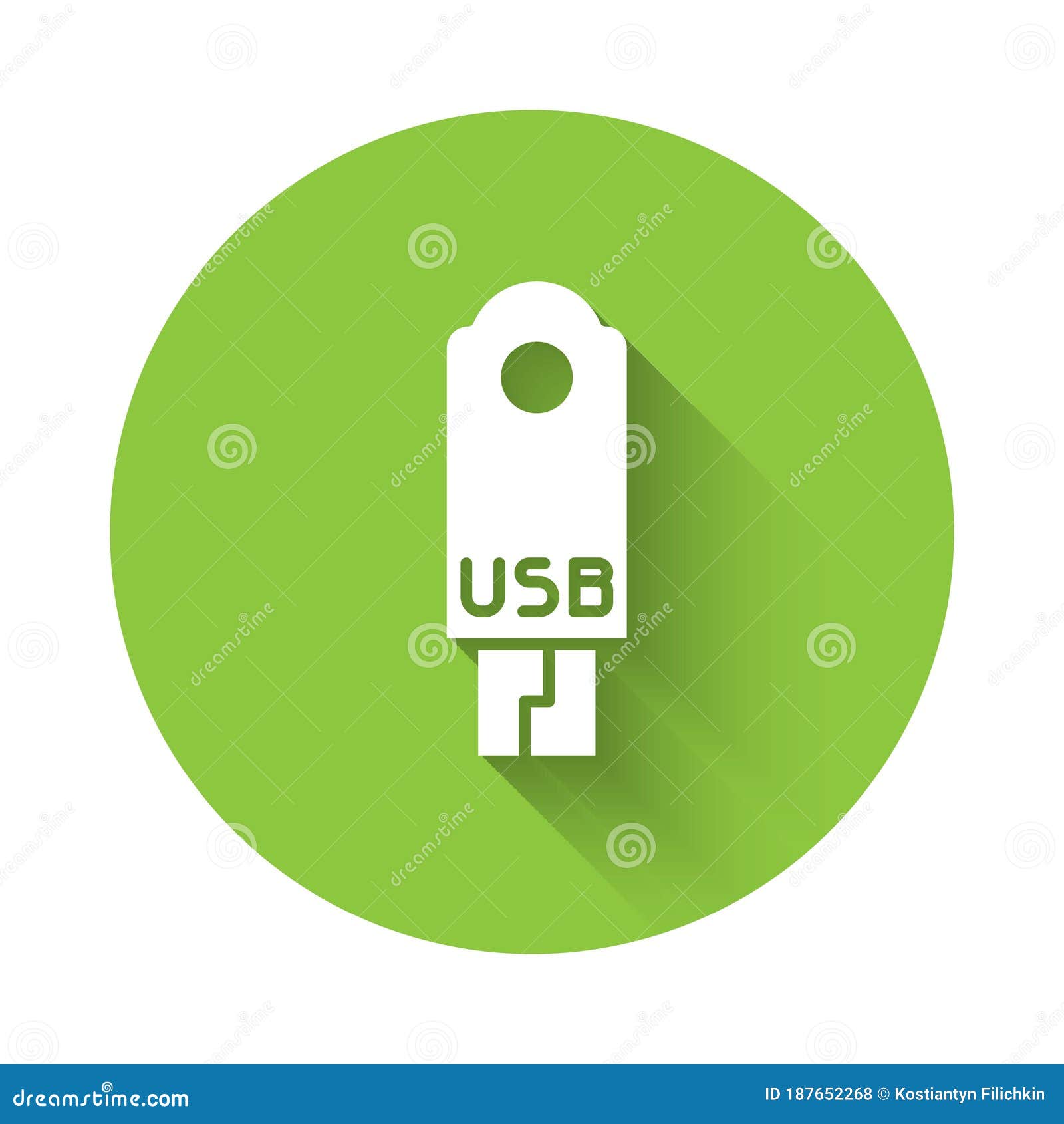 White USB Flash Drive Icon Isolated with Long Shadow. Green Circle ...
