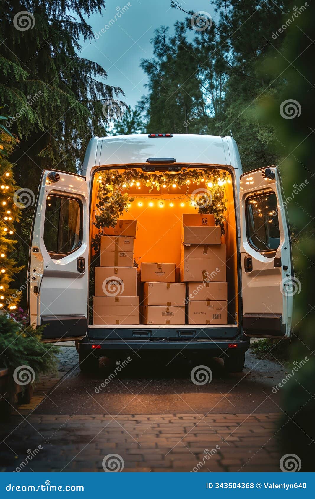 A White Van with Boxes in the Back of it Parked in a Driveway Stock ...