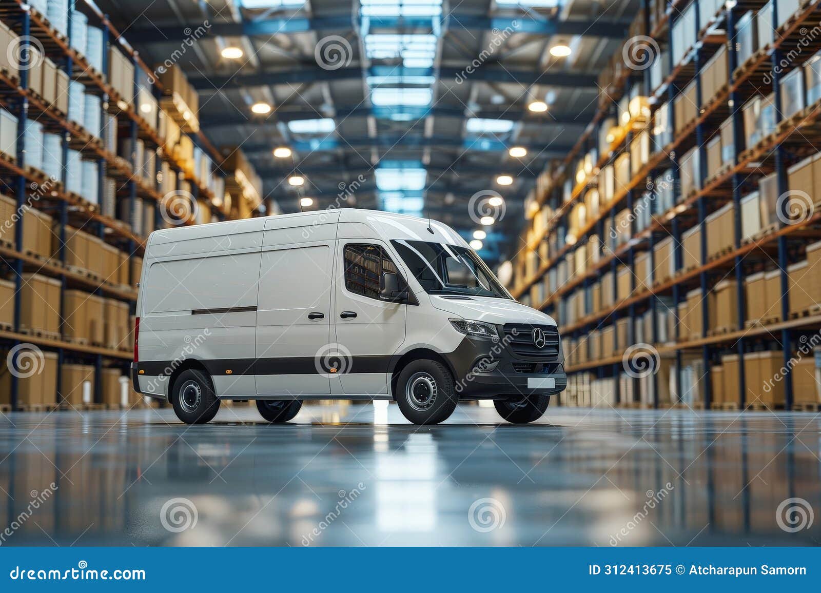 A White Van Inside a Warehouse with Shipping Boxes Stock Image - Image ...