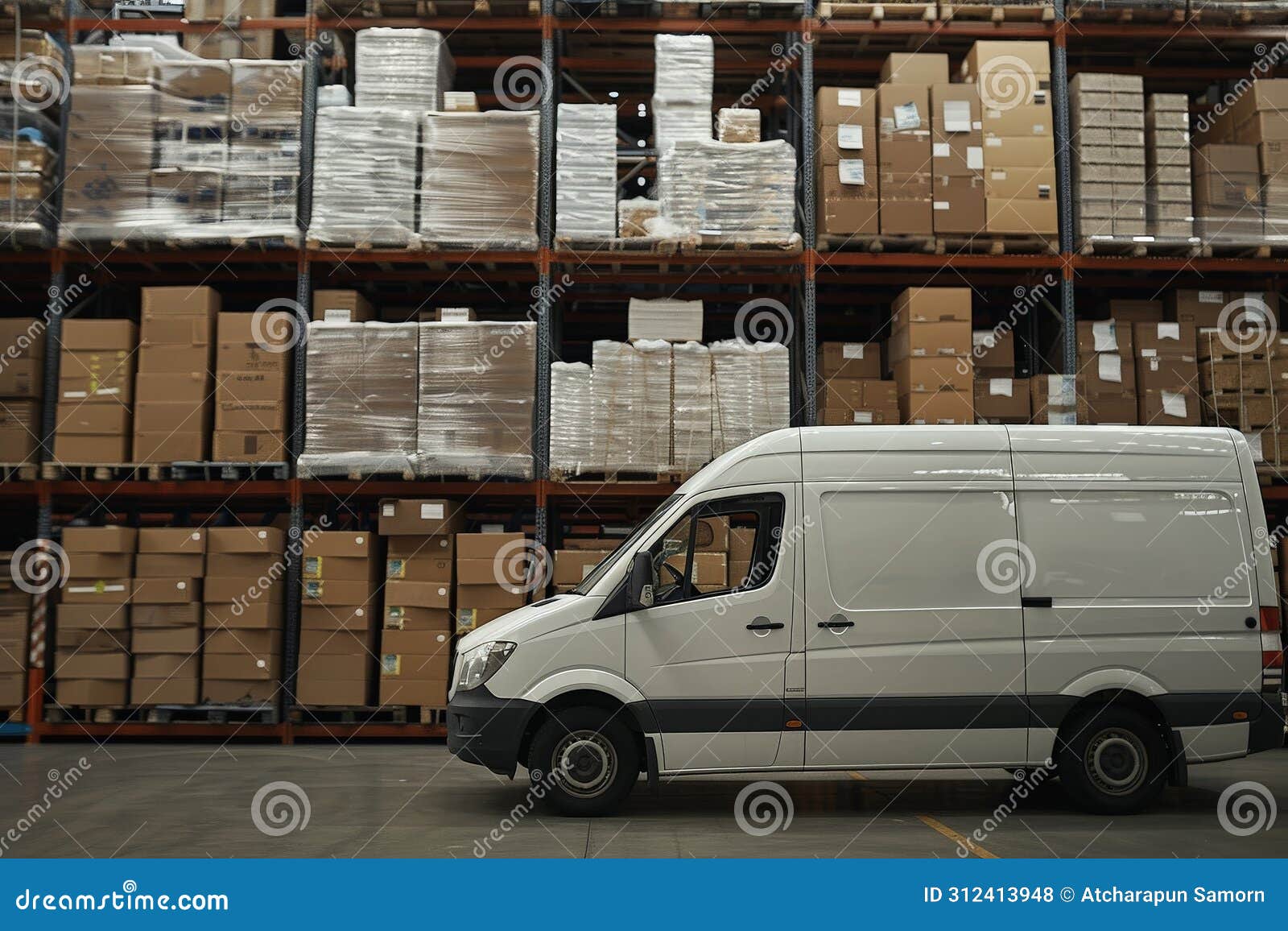 A White Van Inside a Warehouse with Shipping Boxes Stock Photo - Image ...