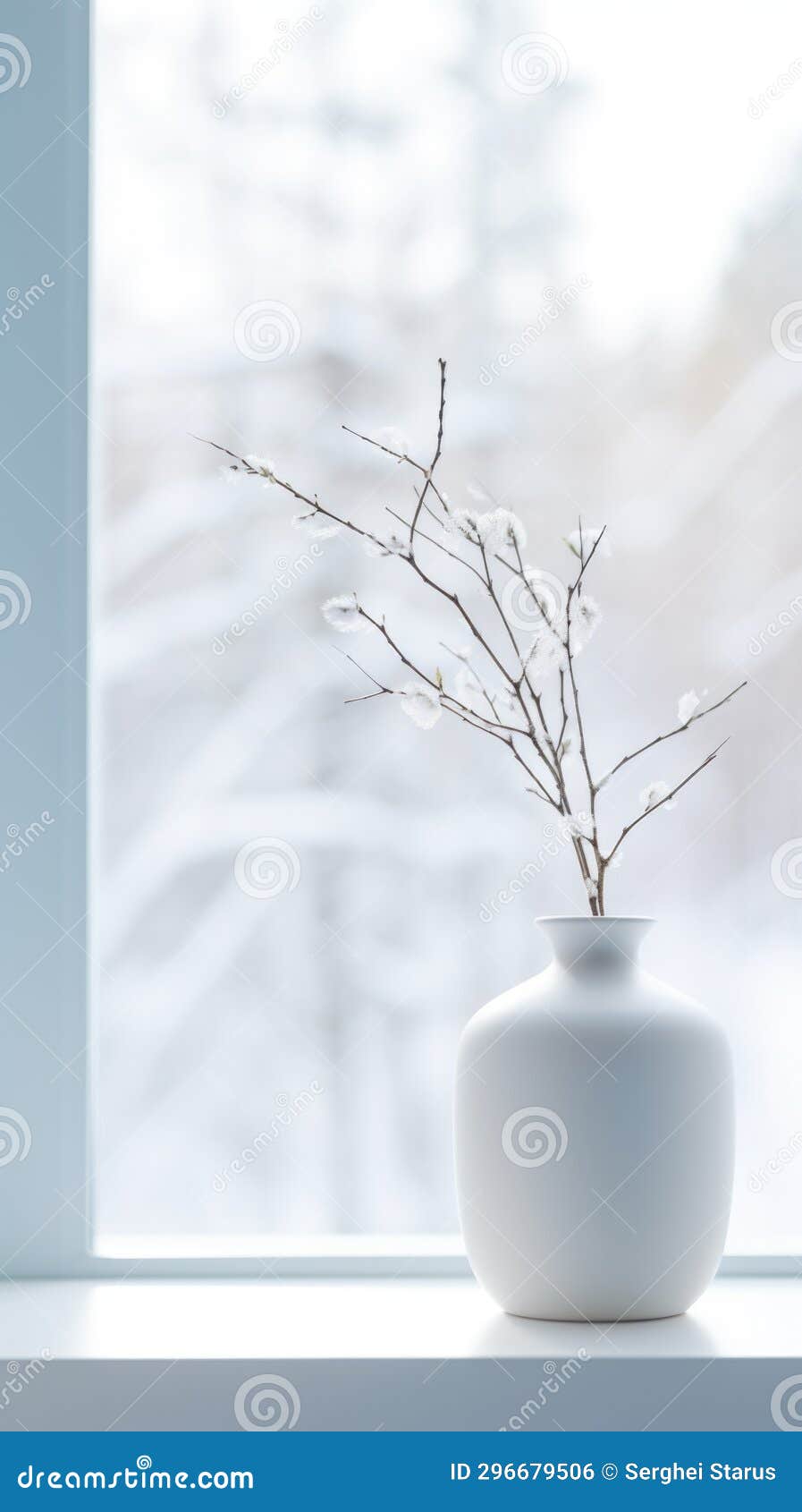 A White Vase with a Branch Sitting on the Window Sill, AI Stock Photo ...