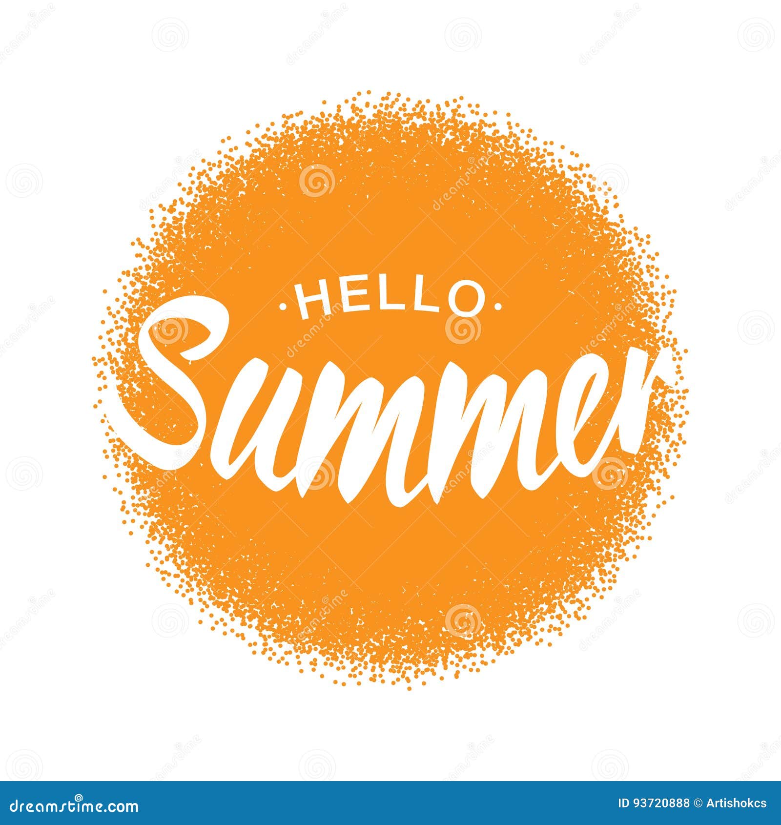 White Vector Lettering Hello Summer with Orange Sun Halftone Circle ...