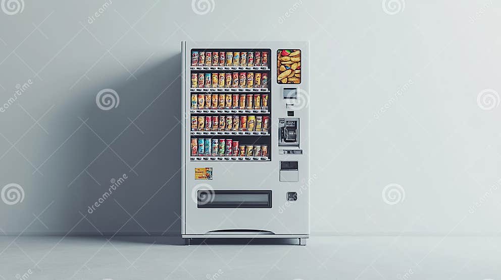 White Vending Machine Filled with Various Snacks Against a White Wall ...