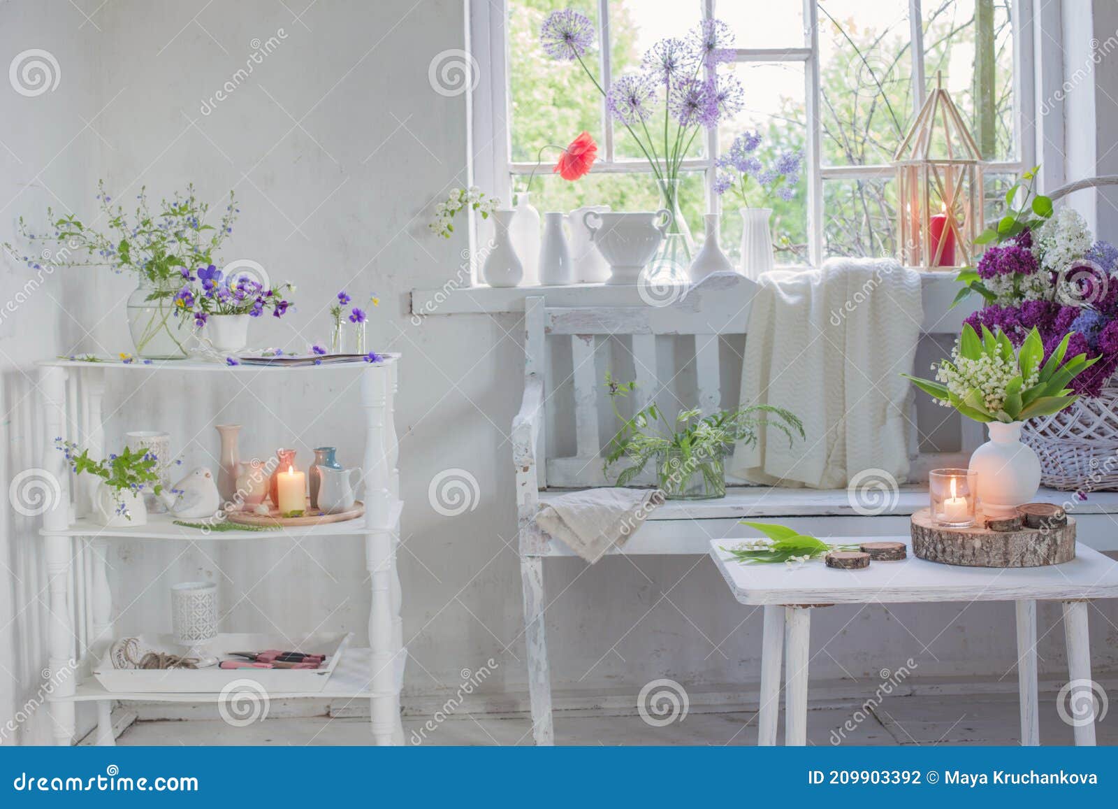 White Vintage Interior with Flowers Stock Photo - Image of decoration ...