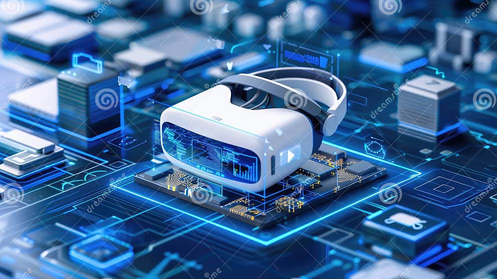 A White VR Headset is Positioned on a Glowing Blue Circuit Board ...