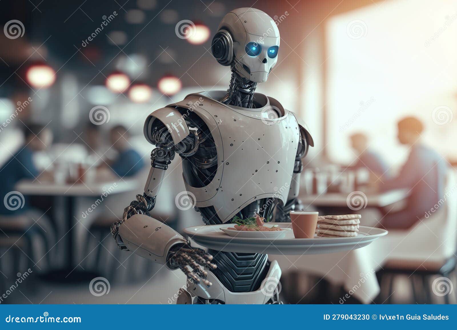 White Waiter Robot Carrying a Breakfast on a Restaurant. Artificial ...
