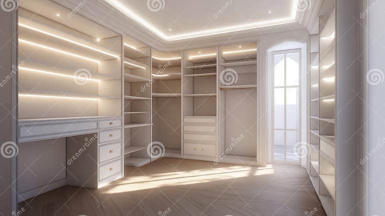 White Walk-in Closet with Light from Dressing Table 3D Render Stock ...