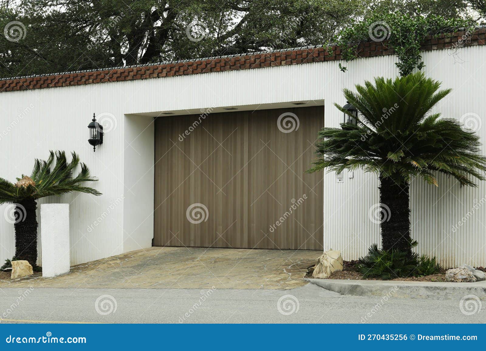 White Wall with Closed Gates and Palms. Exterior Design Stock Photo ...
