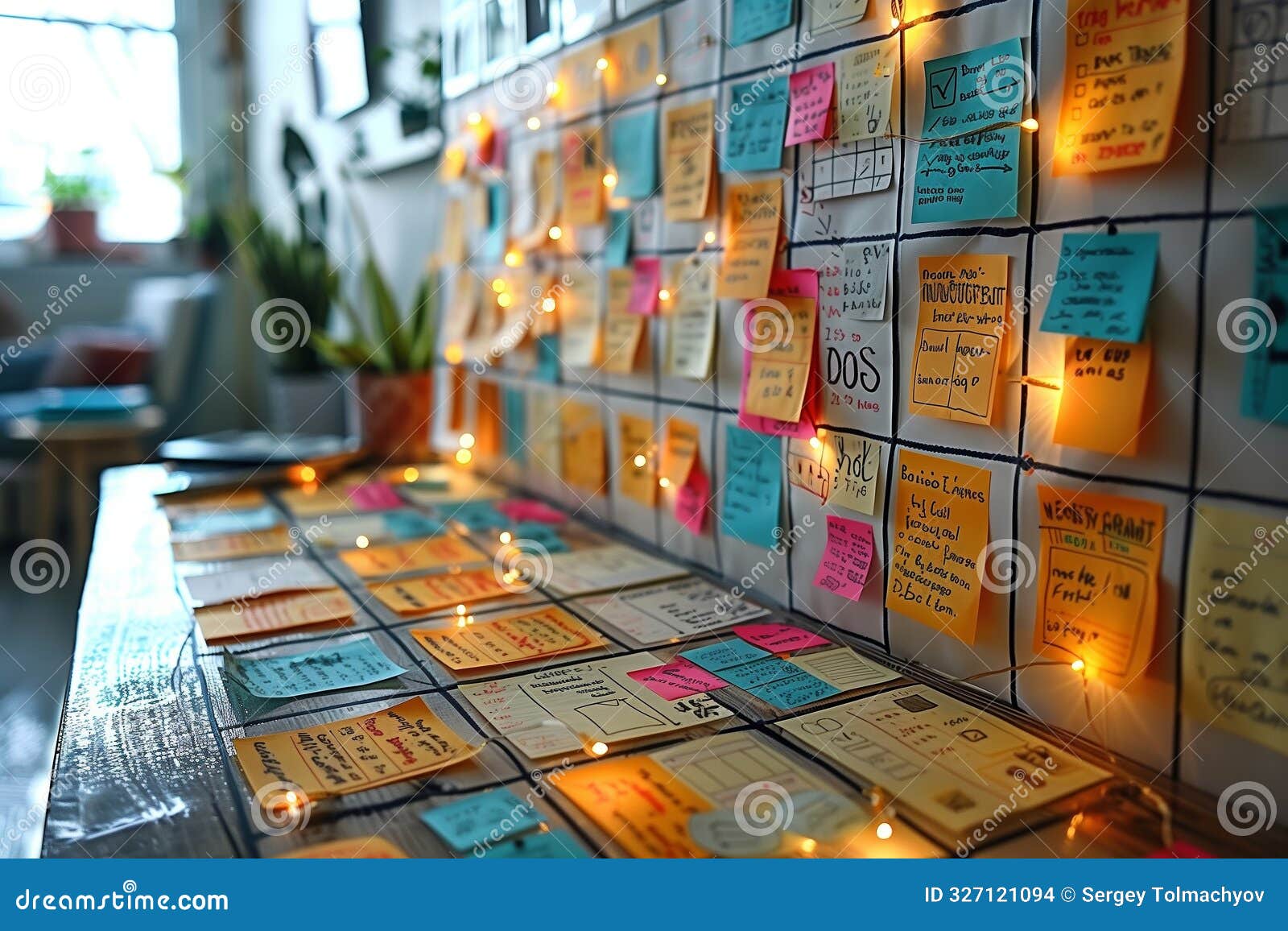 A Grid of Colorful Sticky Notes with String Lights in a Modern Office ...