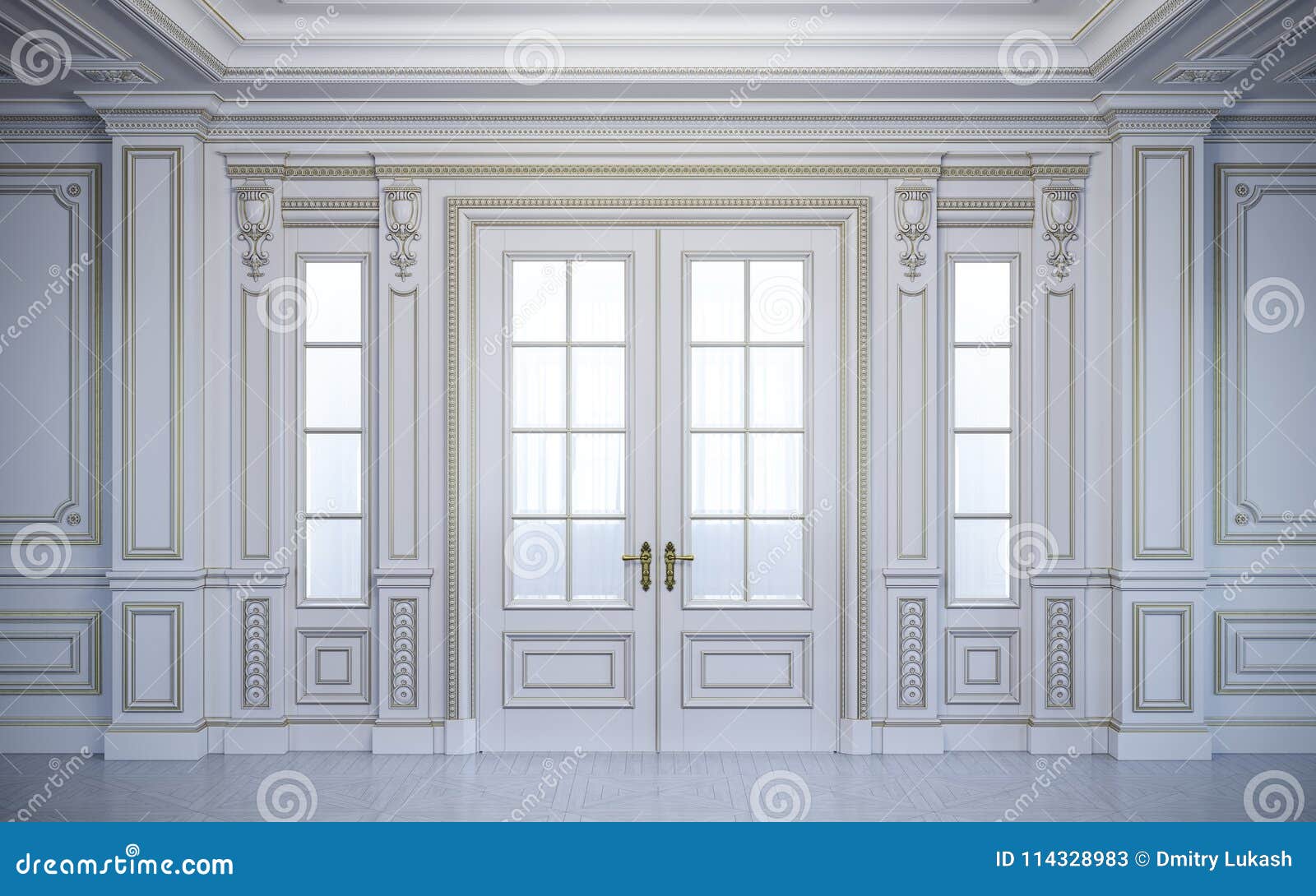 White Wall Panels in Classical Style with Gilding. 3d Rendering Stock ...