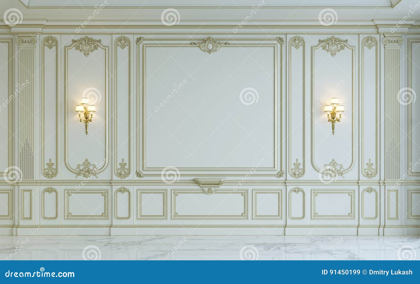 White Wall Panels in Classical Style with Gilding. 3d Rendering Stock ...