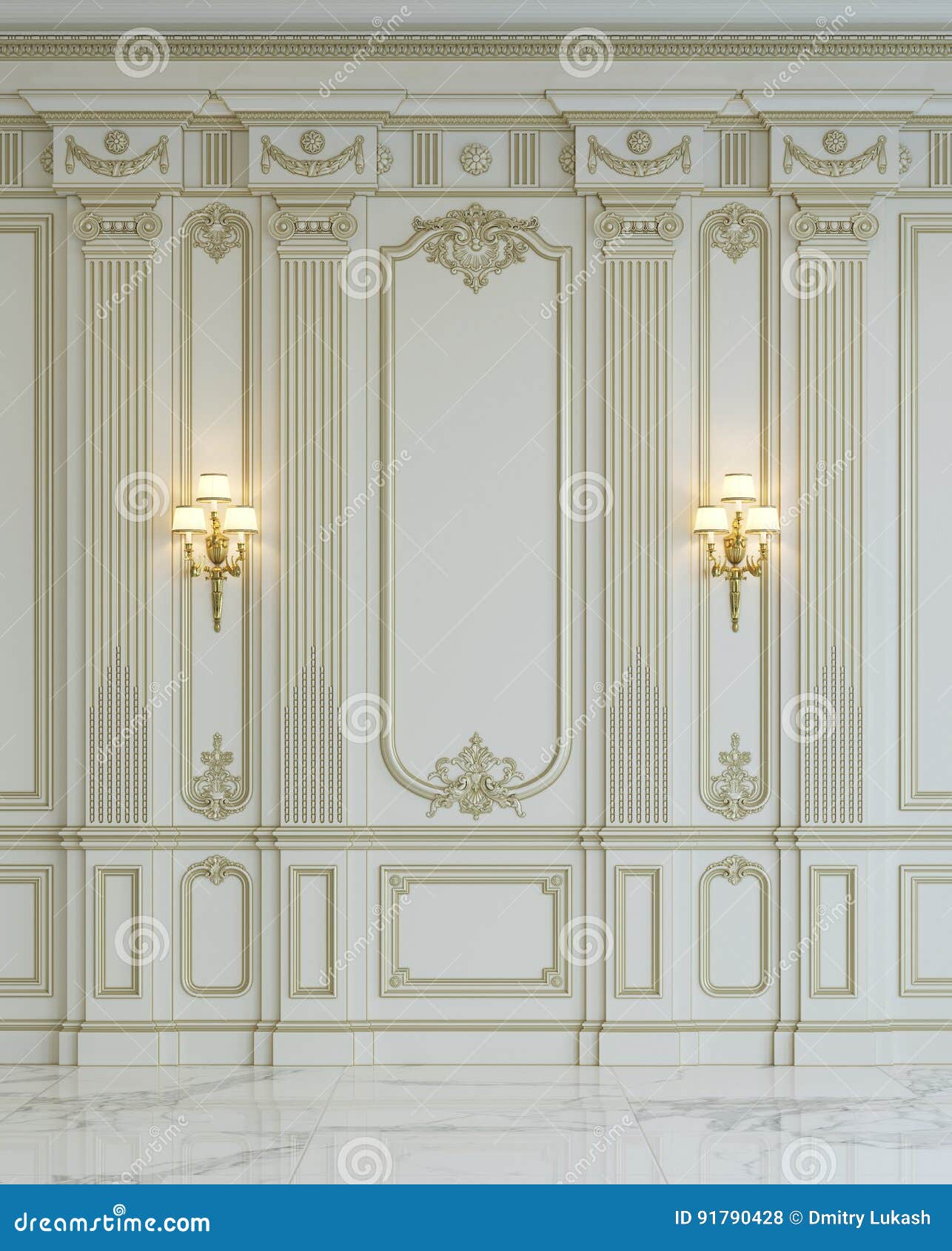 White Wall Panels in Classical Style with Gilding. 3d Rendering Stock ...