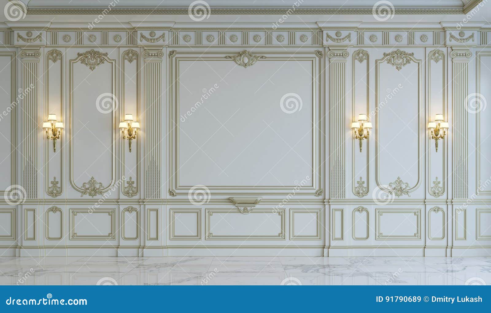 White Wall Panels in Classical Style with Gilding. 3d Rendering Stock ...