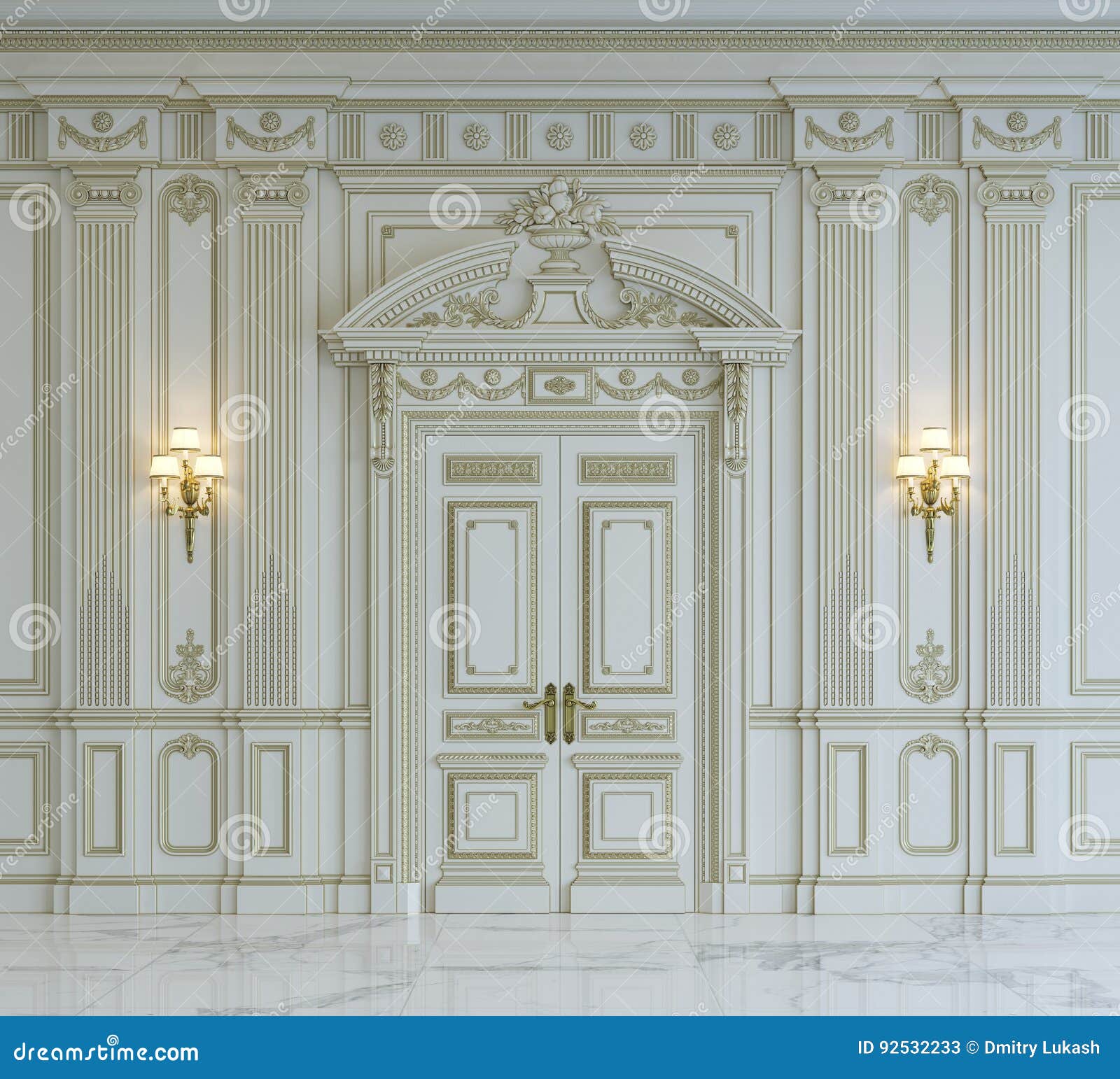 White Wall Panels in Classical Style with Gilding. 3d Rendering Stock ...