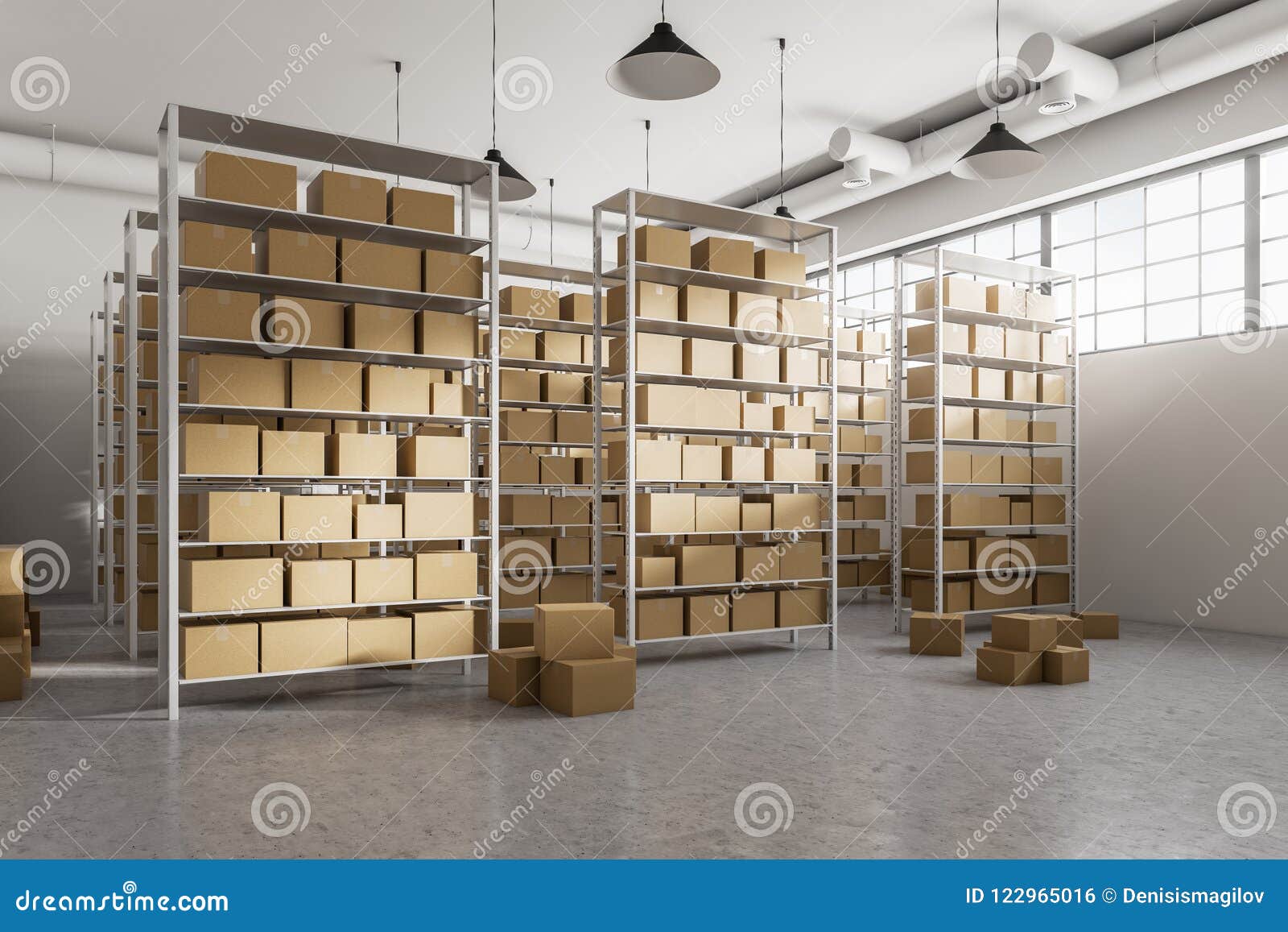 White Wall Warehouse Interior, Side View Stock Illustration ...
