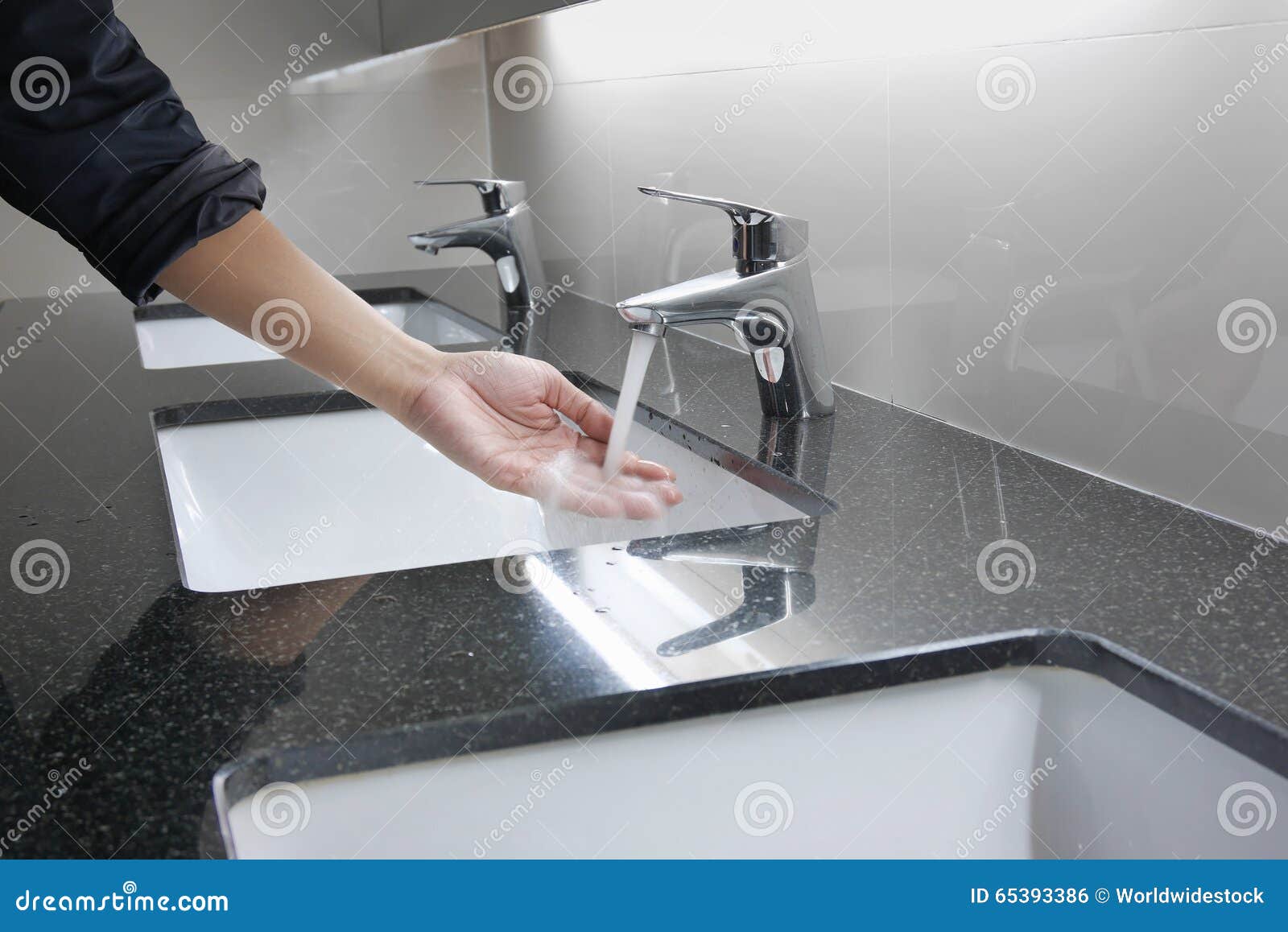 White Washbasins and Faucet on Granite Counter Stock Photo - Image of ...