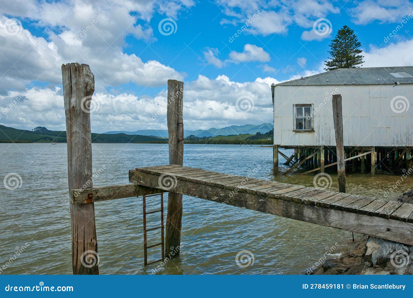 White Waterfront Shed and Old Pier at Rawene Stock Image - Image of ...