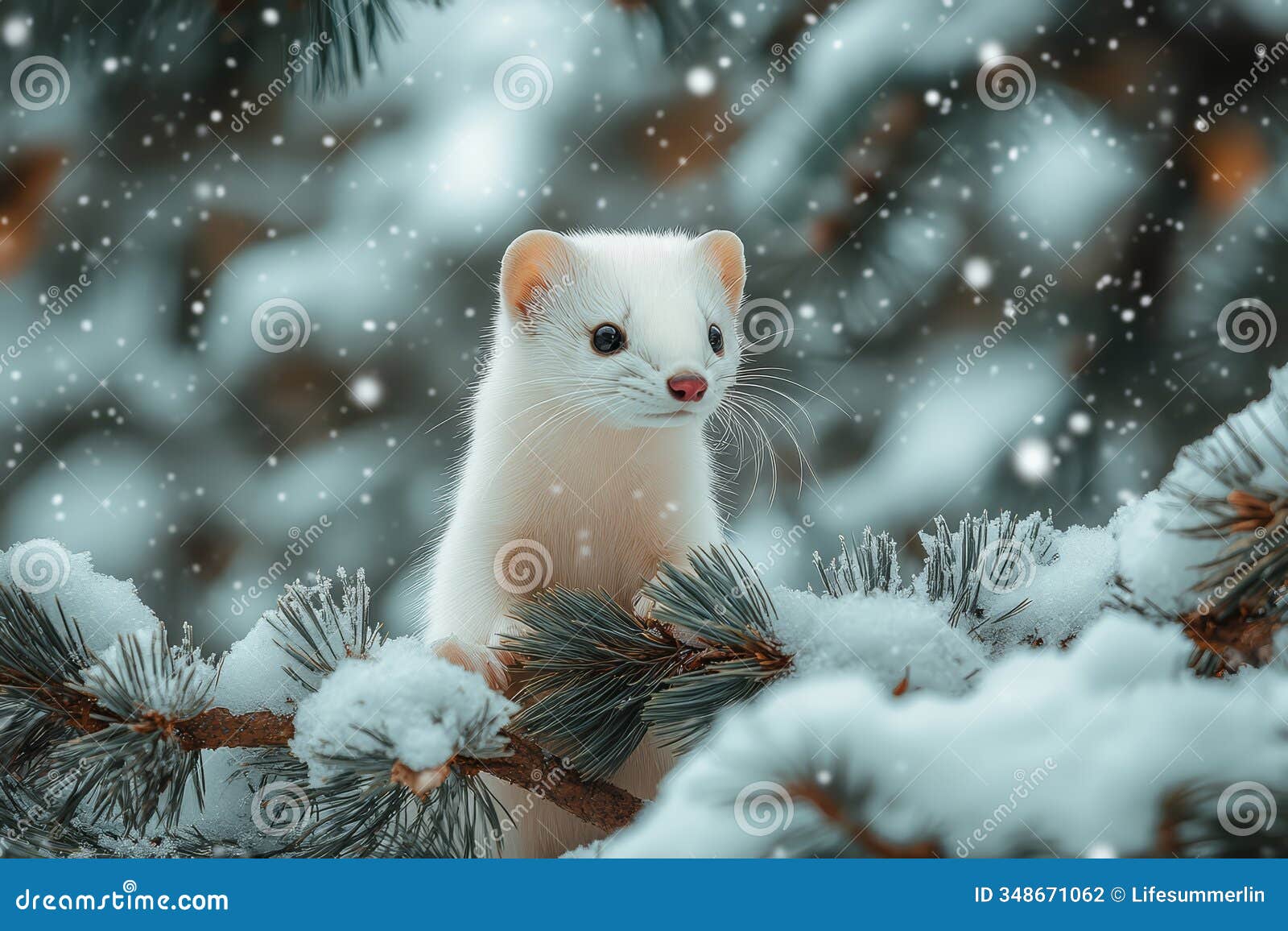 White Weasel in Snow among Pine Tree Branches Stock Photo - Image of ...
