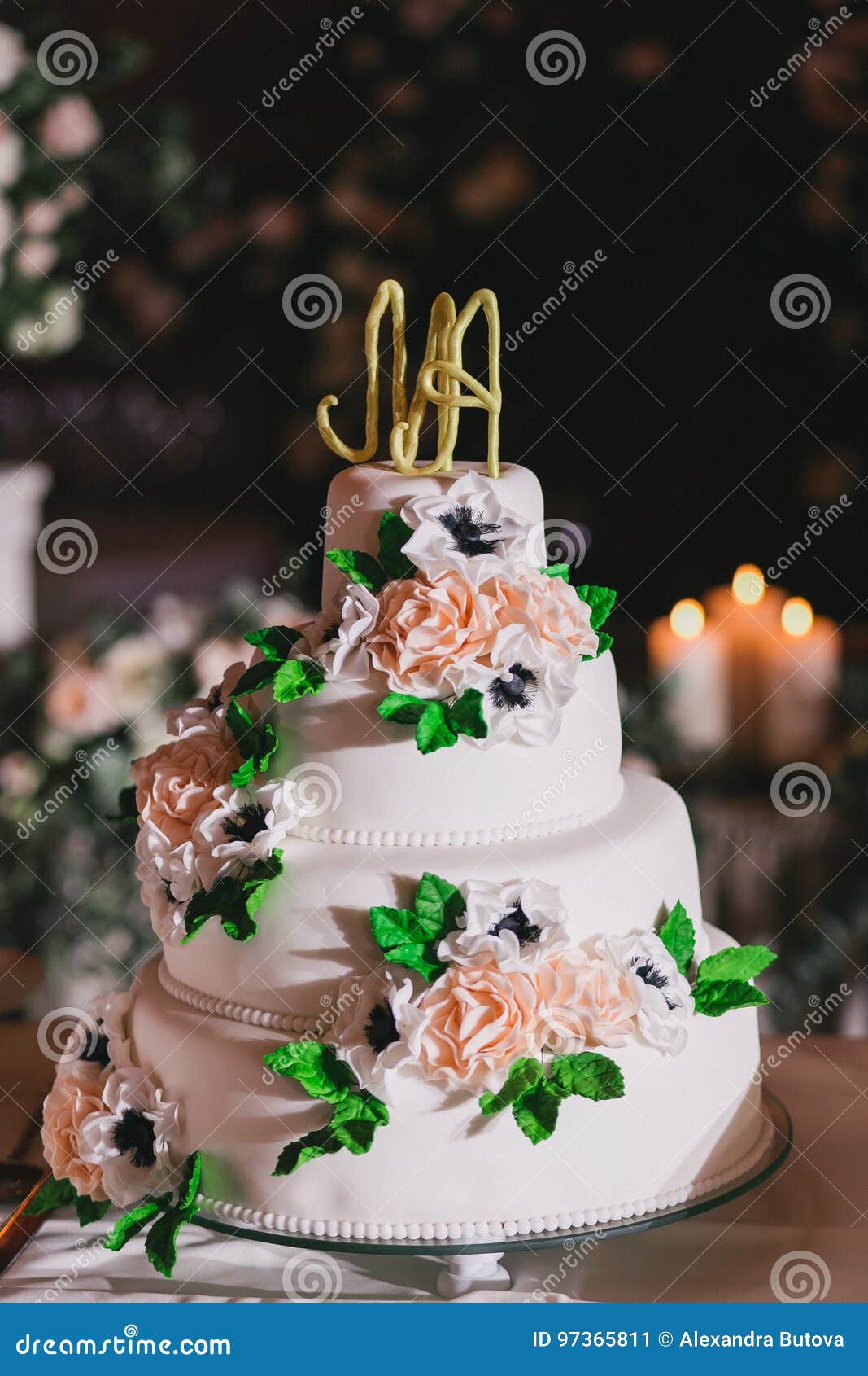 White Wedding Cake with Mastic, Decorated with Roses and Letters Stock ...