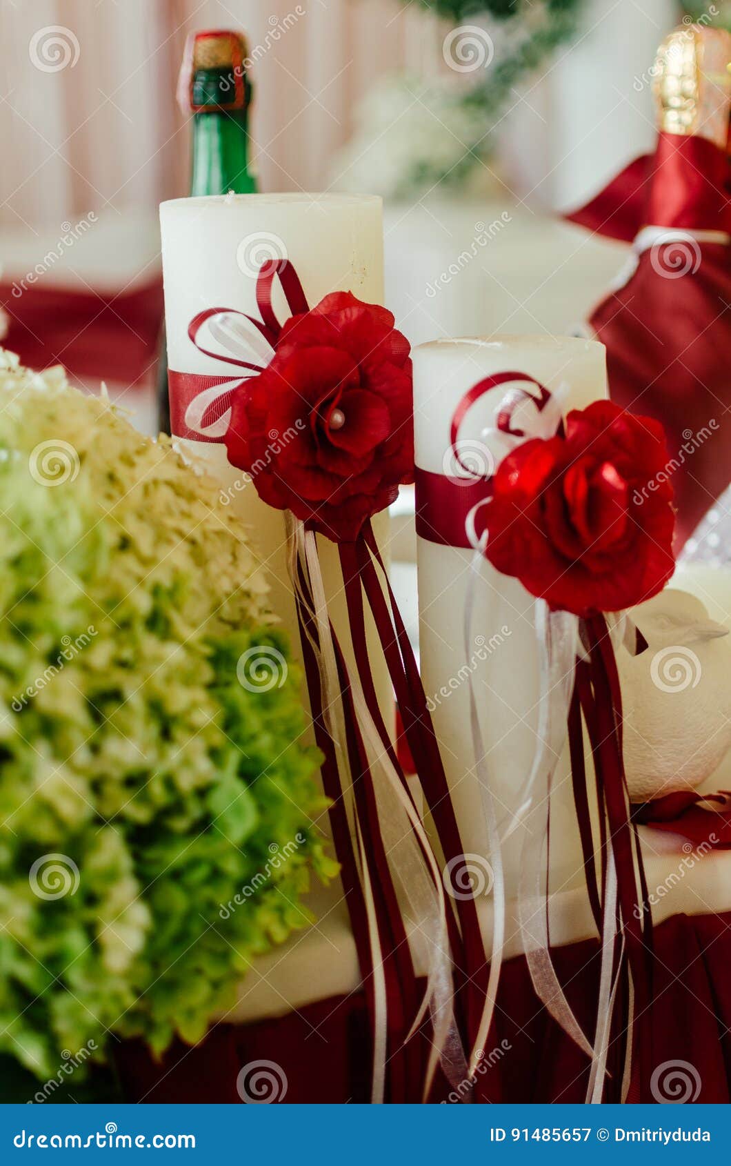White Wedding Candles Decorated with Red Roses and Ribbons Stock Image ...
