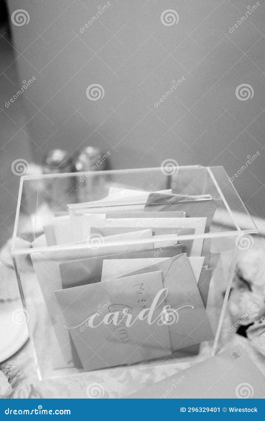 White Wedding Cards in a Gift Box on a Wooden Table, in Grayscale Stock ...