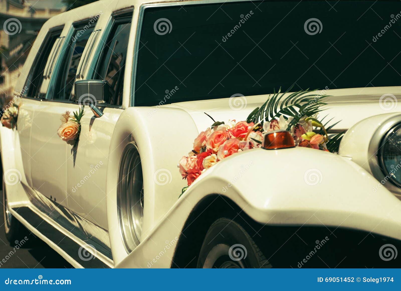 White Wedding Limousine Decorated with Flowers. Stock Photo - Image of ...