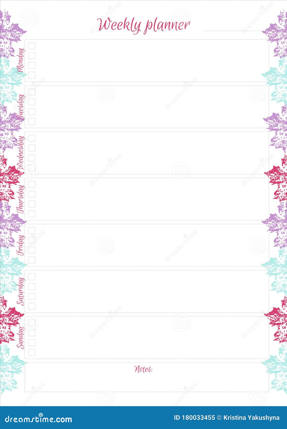 White Weekly Planner with Bright Leaves Design Stock Illustration ...