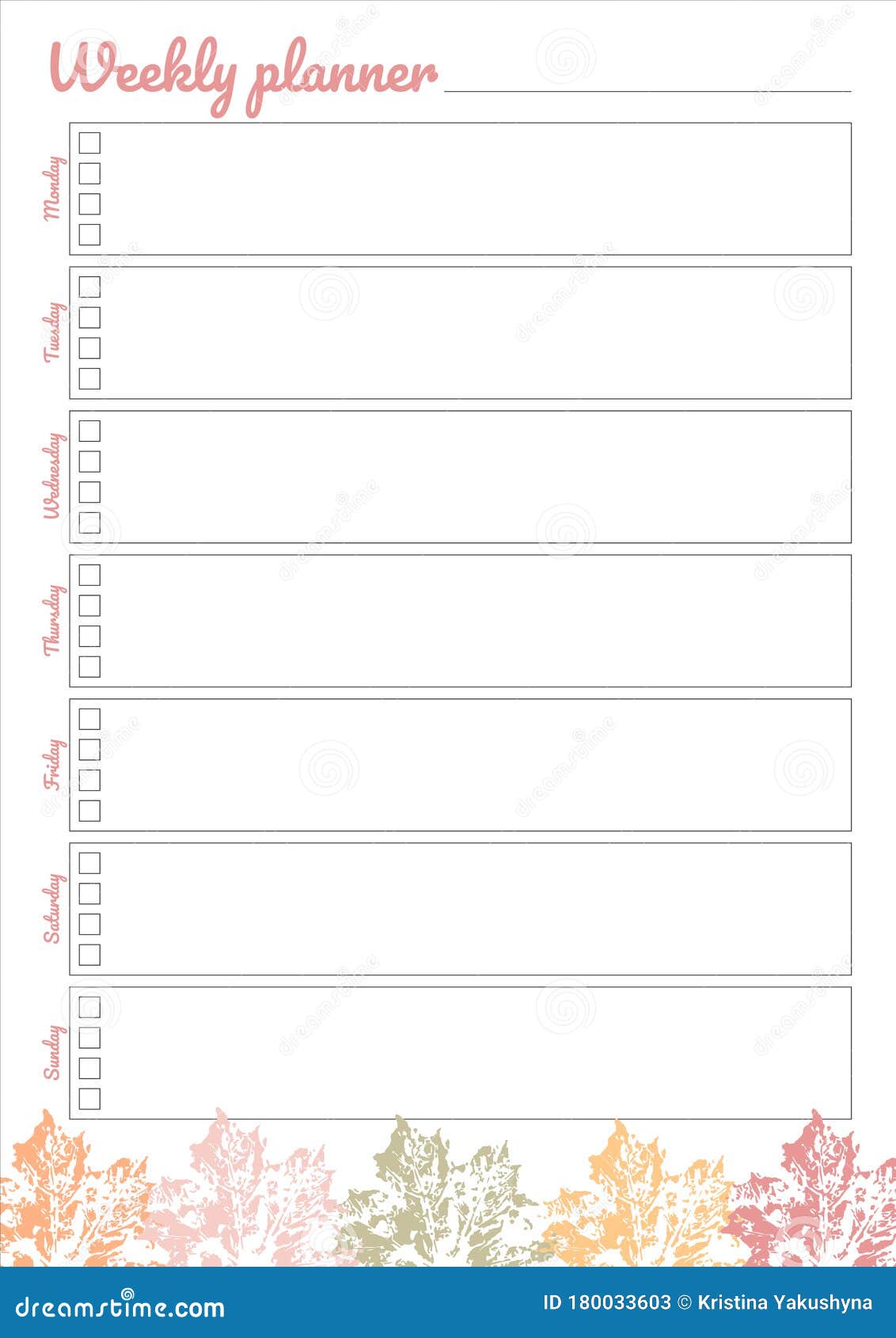 White Weekly Planner with Bright Leaves Design Stock Illustration ...