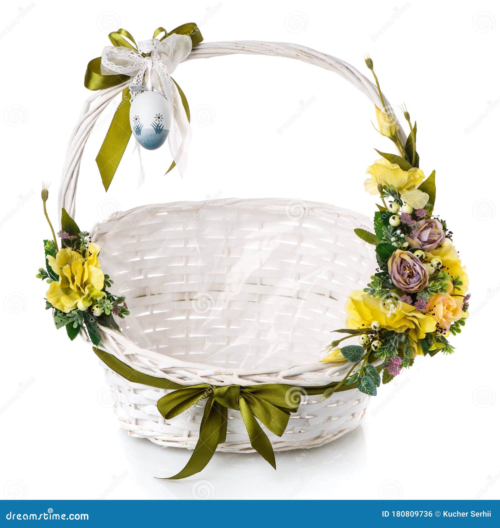White Wicker Basket with Floral Decor and Ribbons on White Background ...
