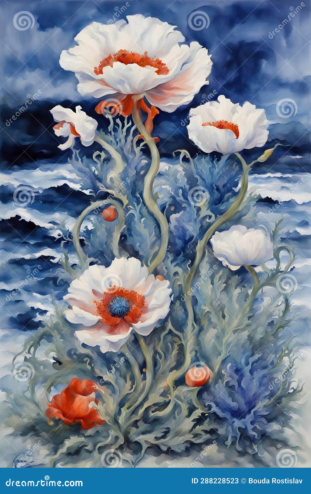 White Wild Bloom on a Blue Background Stock Illustration - Illustration ...