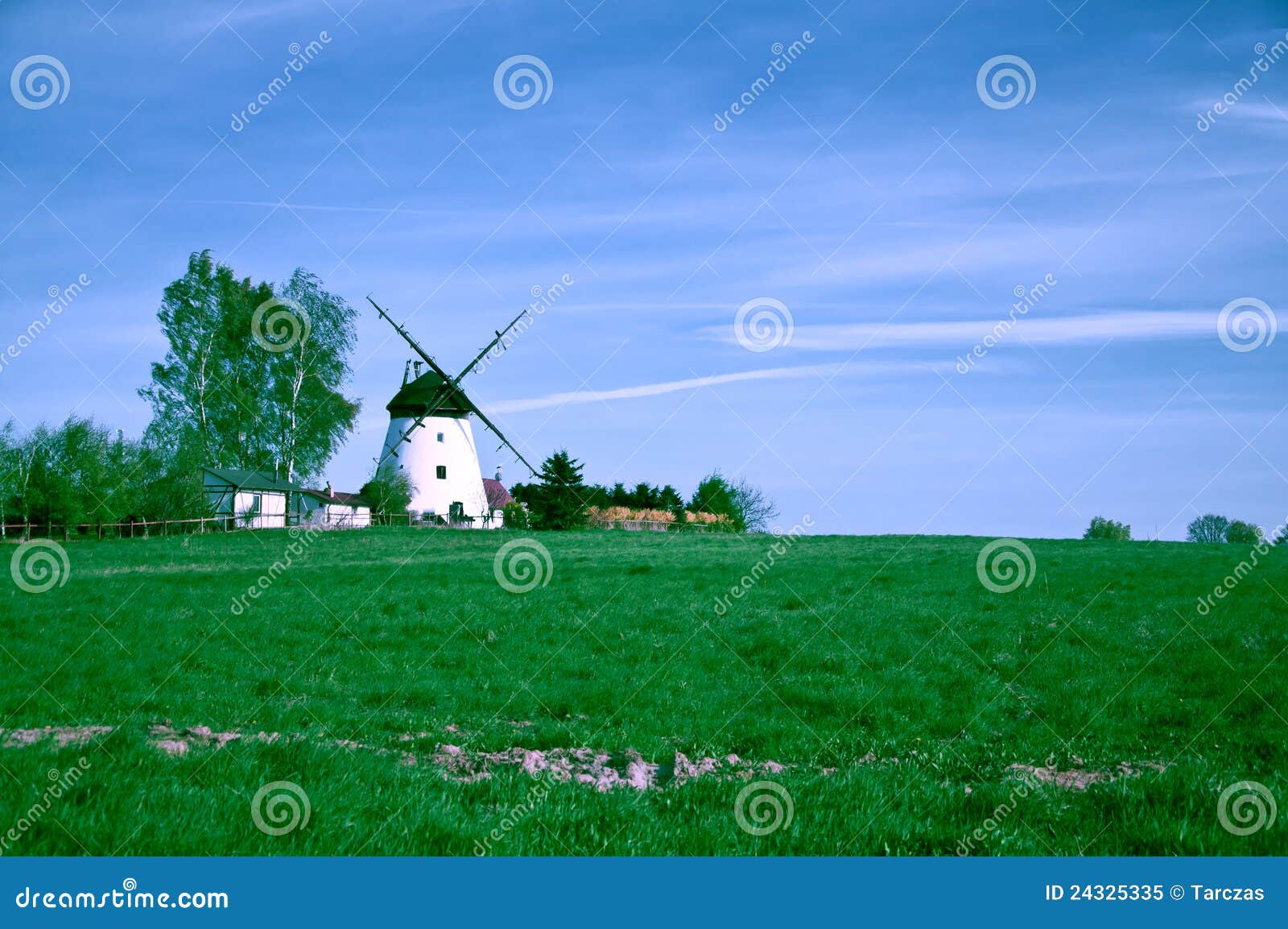 White Windmill on Green Farm Field Stock Image - Image of windmill ...