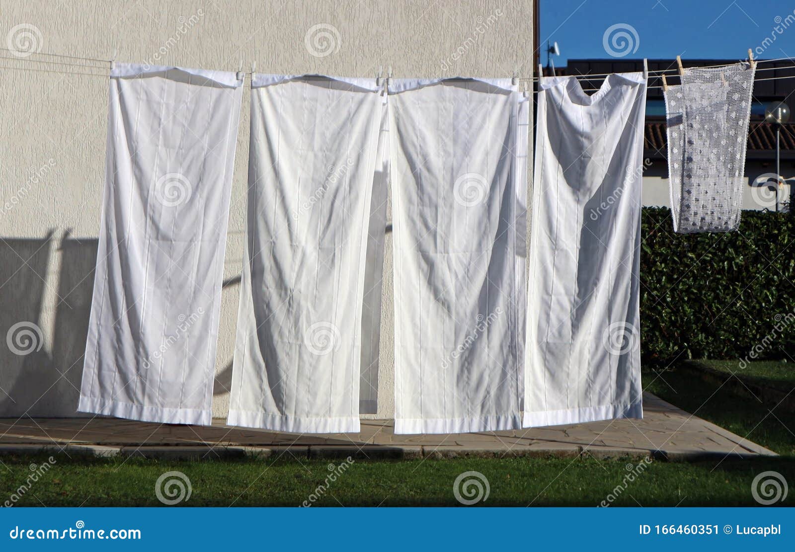 White Window Curtains Drying on a Clothesline in a Backyard Stock Image ...