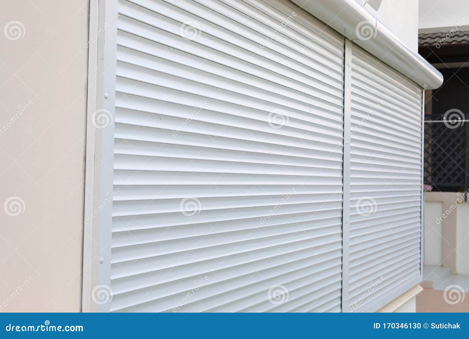White Window Roller Shutter Closed Security in Modern House Stock Photo ...
