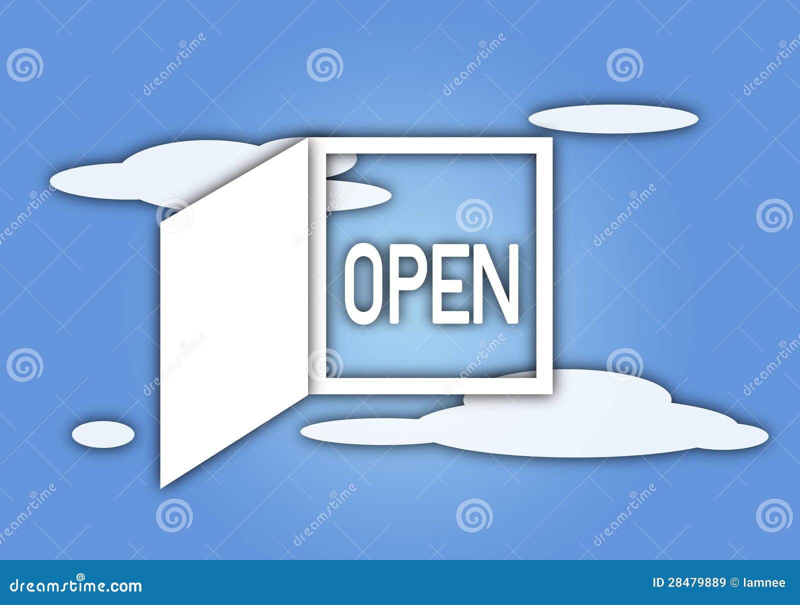 White Window with Word OPEN on Blue Sky Stock Illustration ...