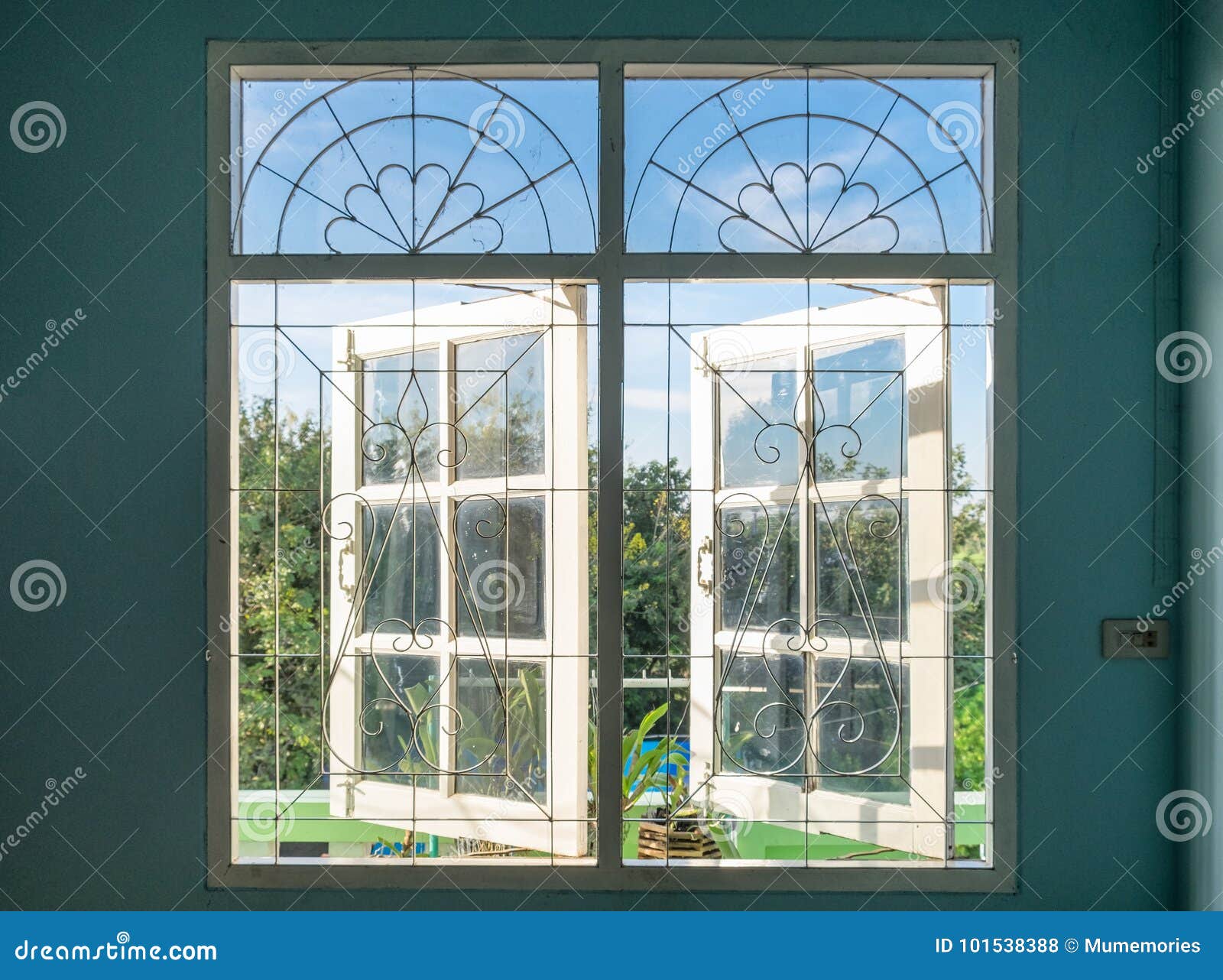 White Windows with Iron Bar Open Stock Photo - Image of fresh, green ...
