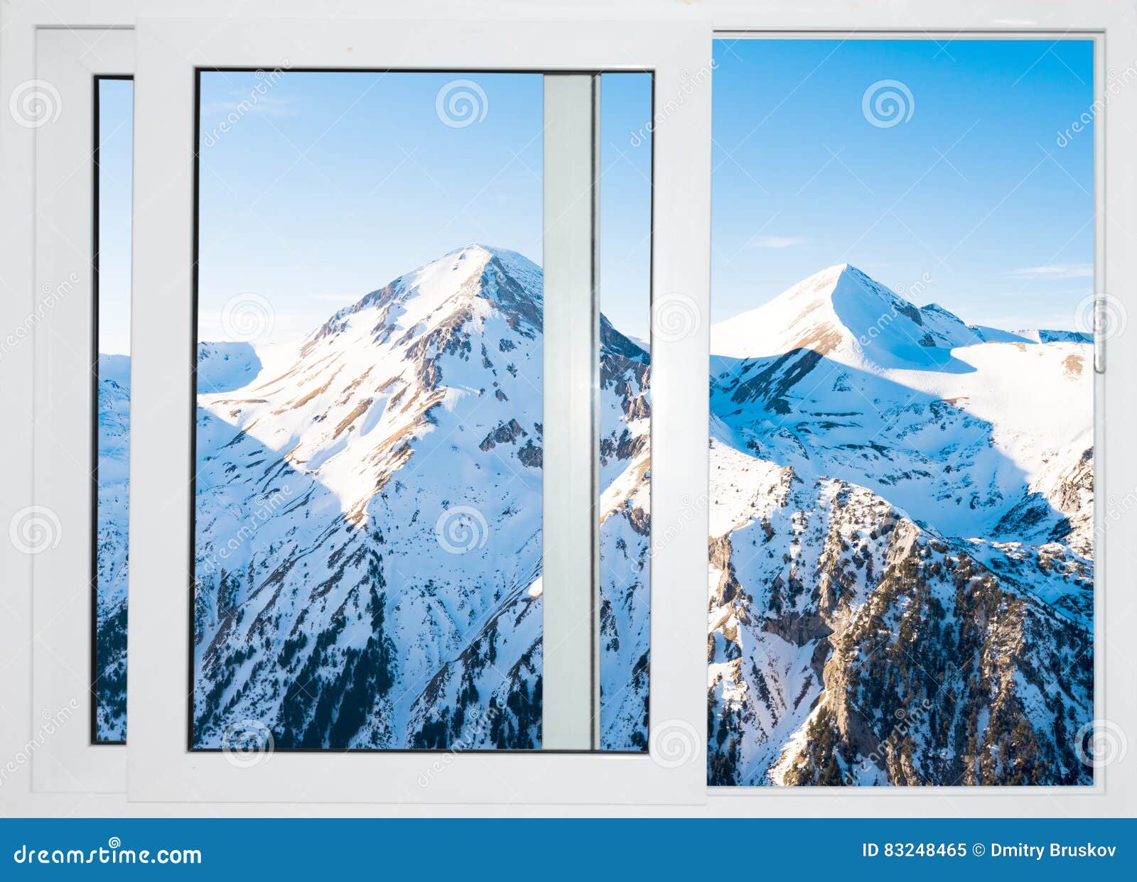 White Windows with Views of the Peaks of Snowy Mountains Stock Image ...