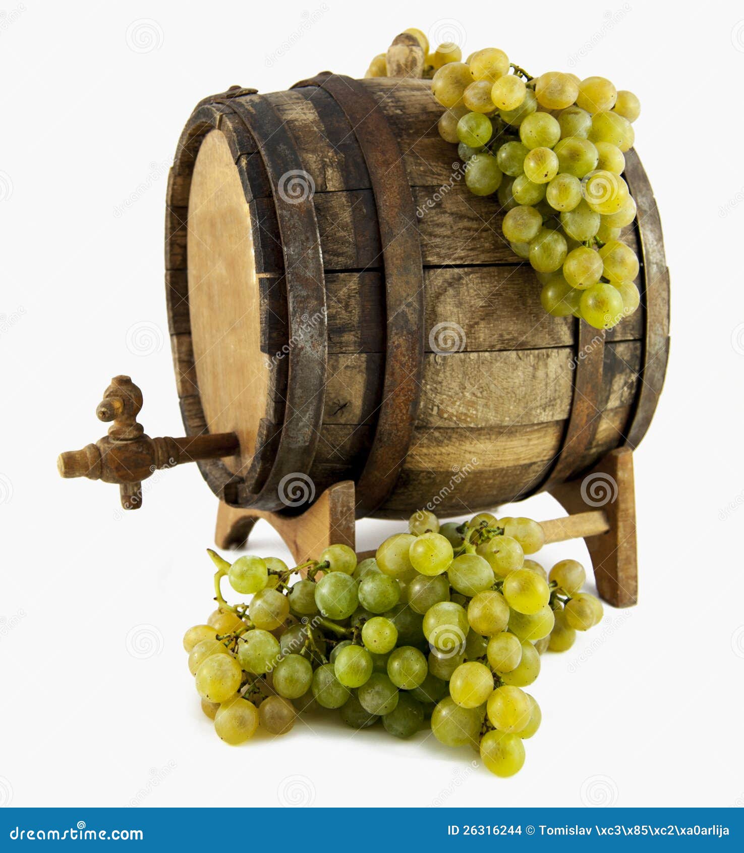 White Wine, Grapes and Old Barrel on White Backgro Stock Photo - Image ...