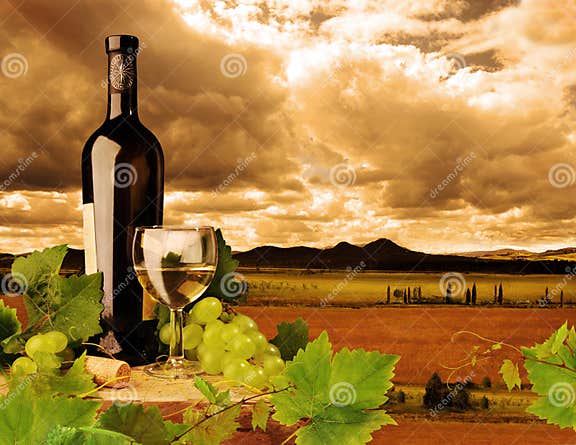 White Wine and Sunset Landscape Stock Image - Image of drinks, alcohol ...