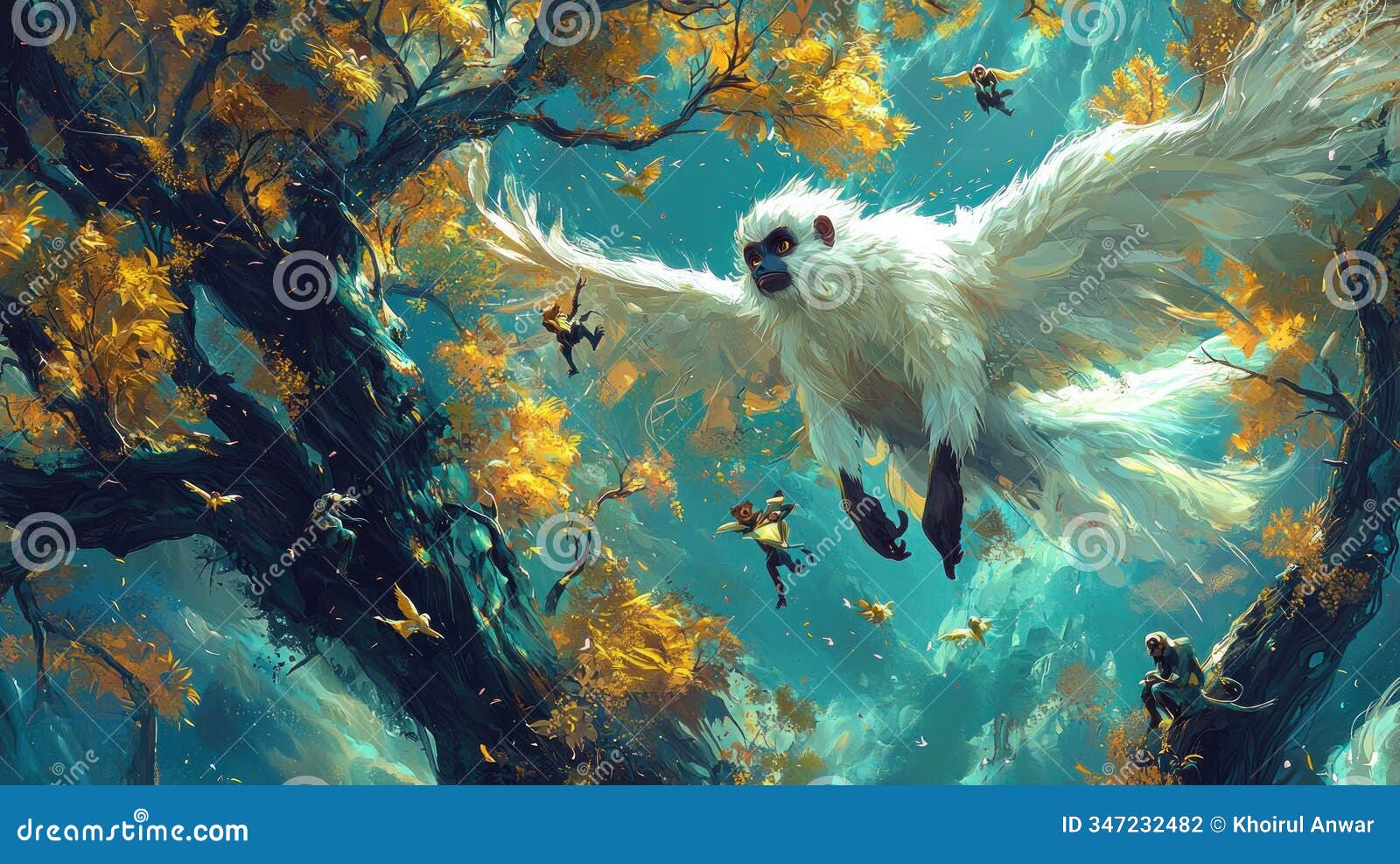 White Winged Monkey Flying Over a Forest with Small Figures Concept of ...