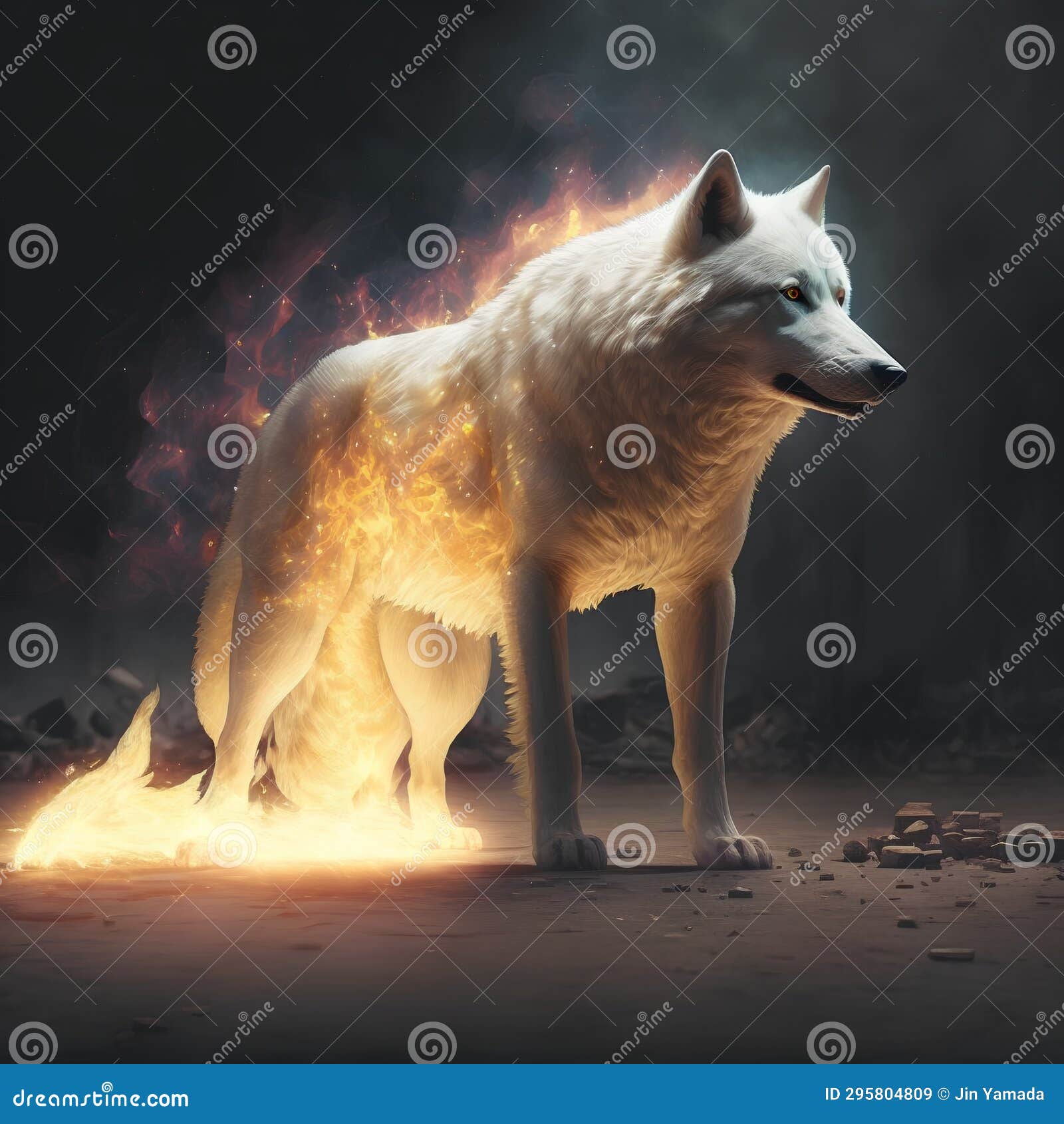 White Wolf in the Fire on a Dark Background. 3d Rendering Stock ...