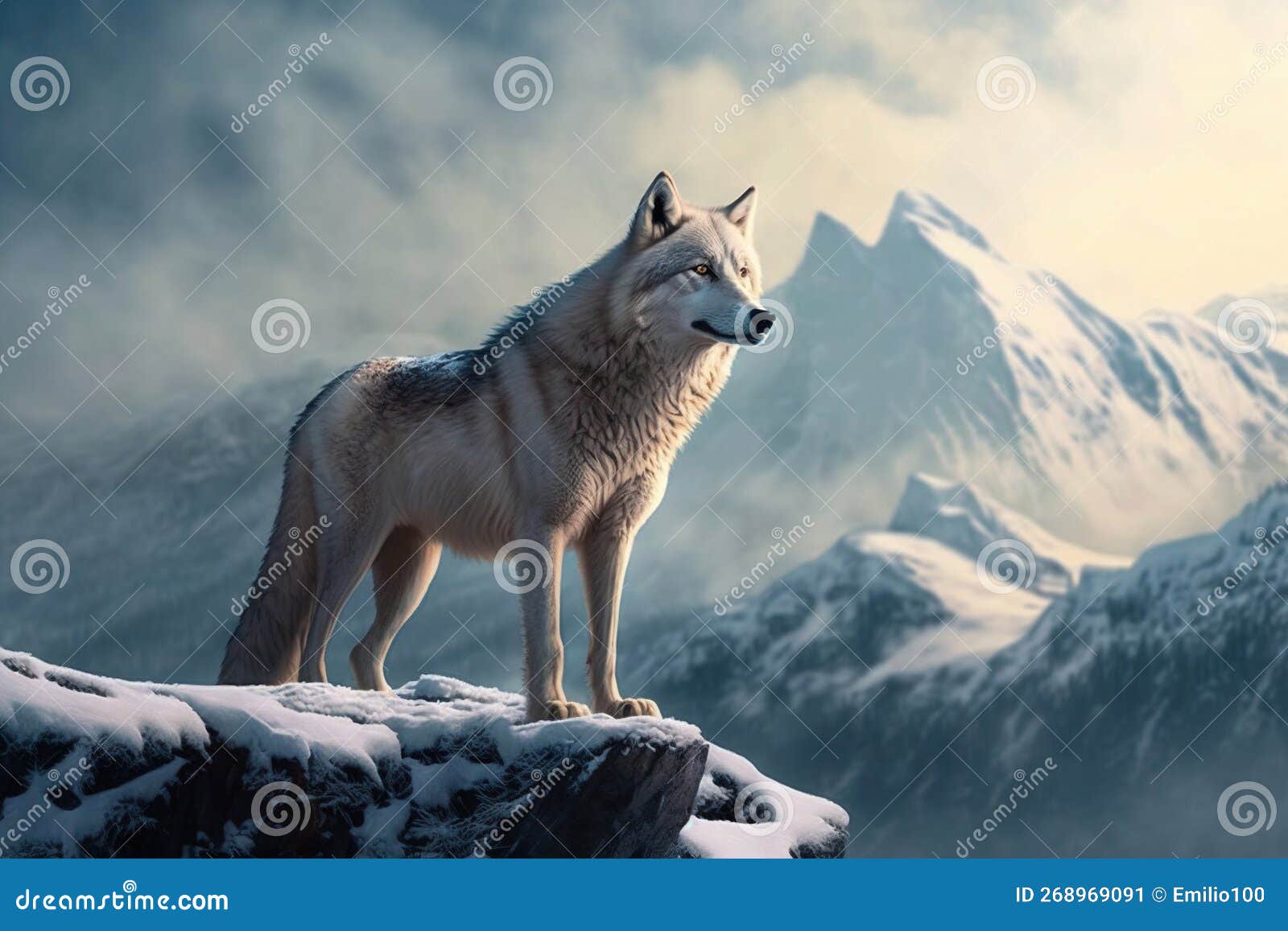 A White Wolf on a Mountain Rock in Winter, Generative AI Stock Image ...