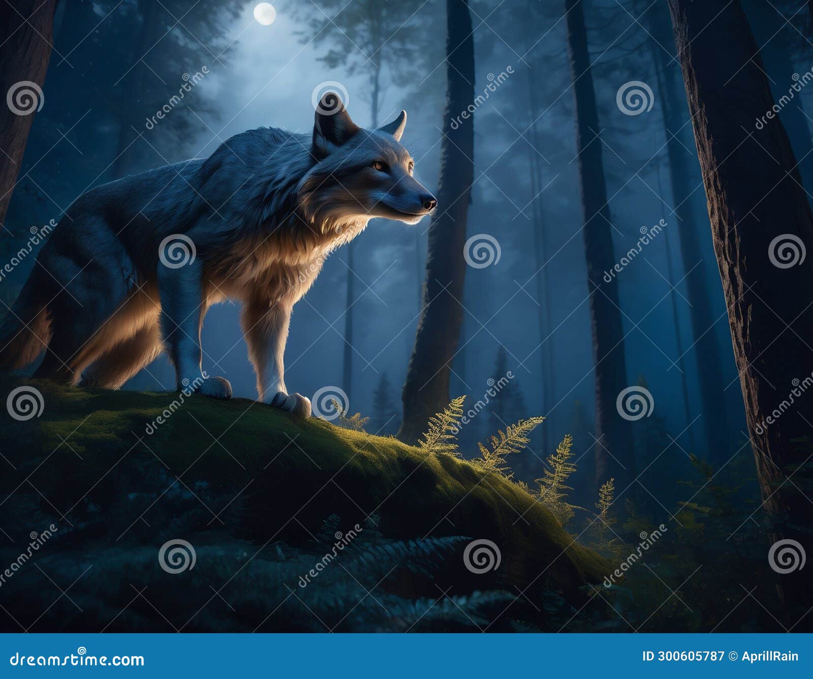 The White Wolf in the Night Forest Stock Image - Image of print, header ...