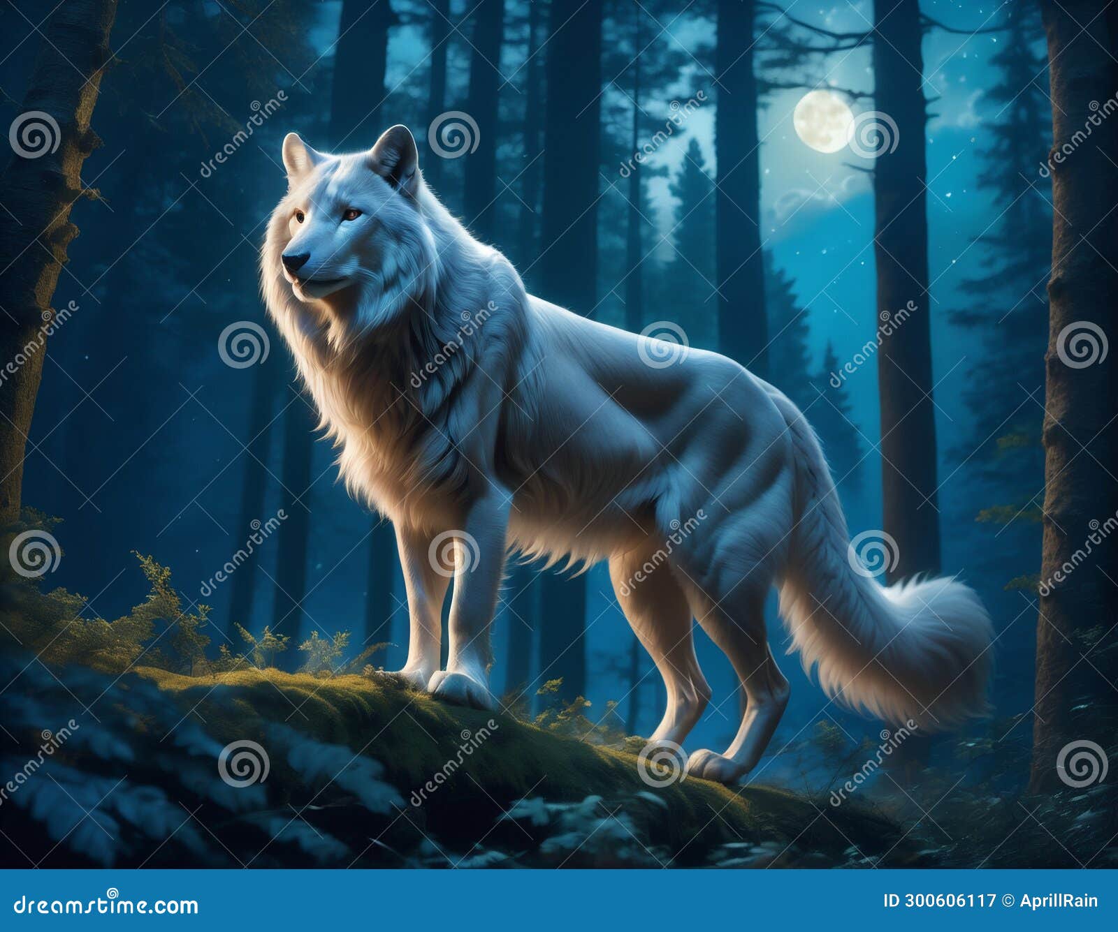 The White Wolf in the Night Forest Stock Image - Image of print, people ...