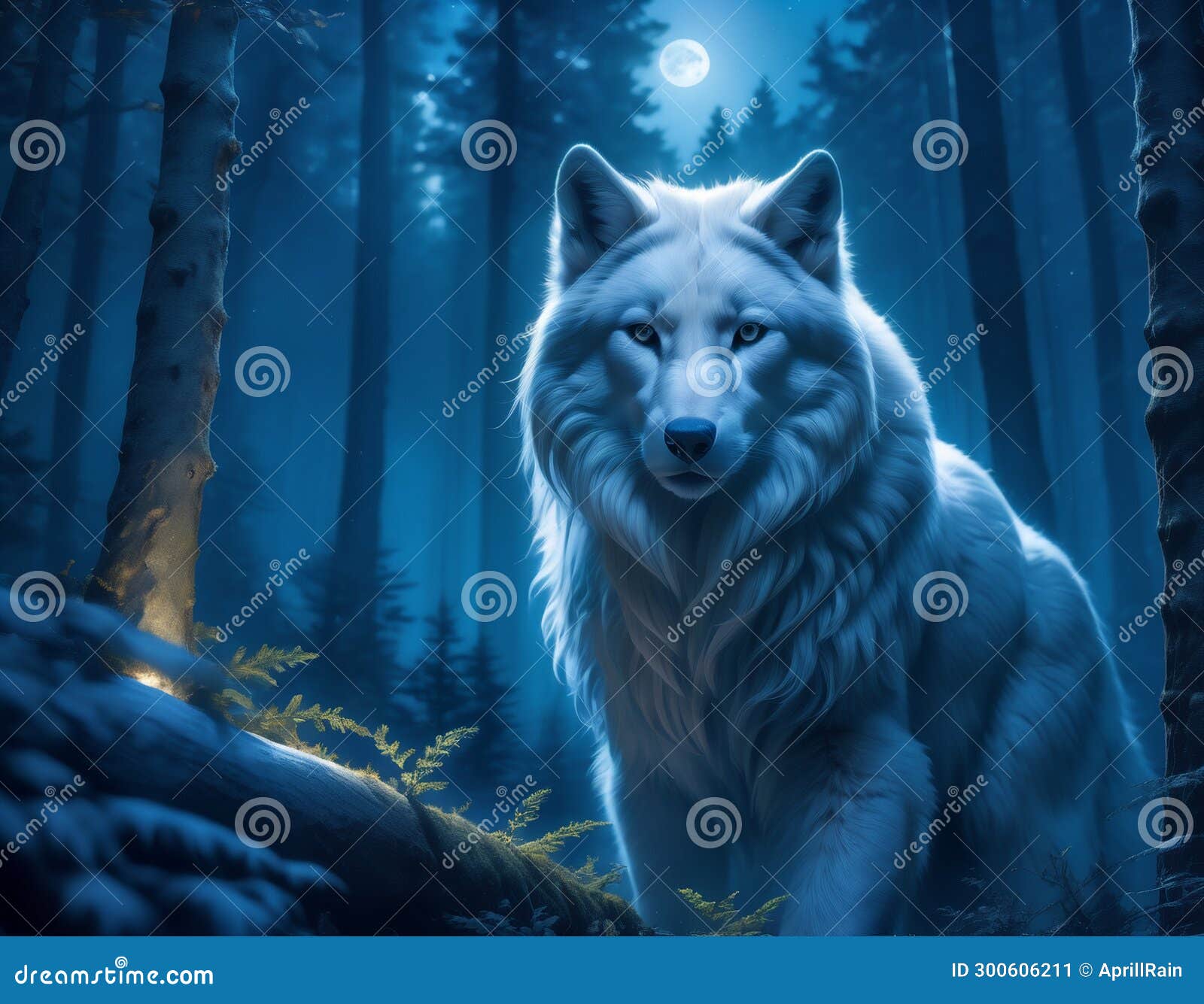 The White Wolf in the Night Forest Stock Illustration - Illustration of ...