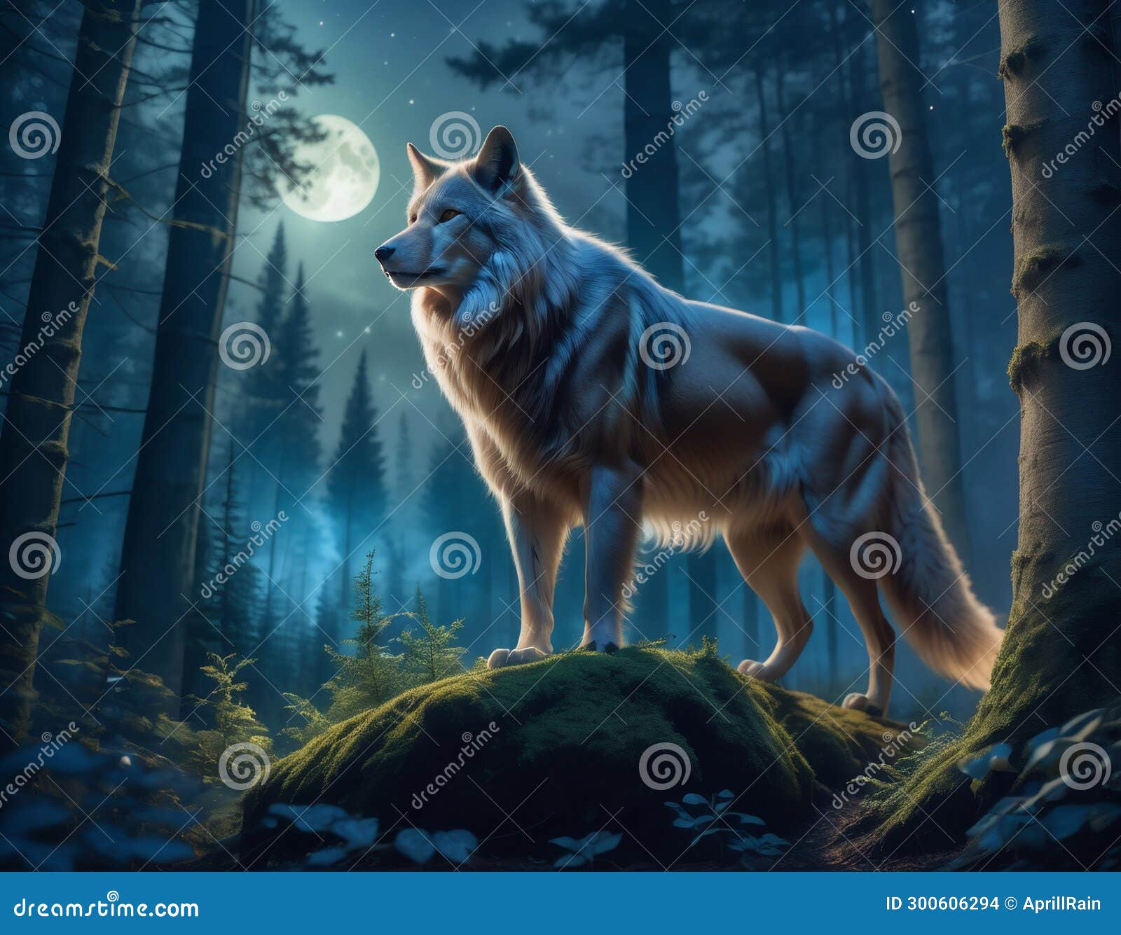The White Wolf in the Night Forest Stock Photo - Image of header ...