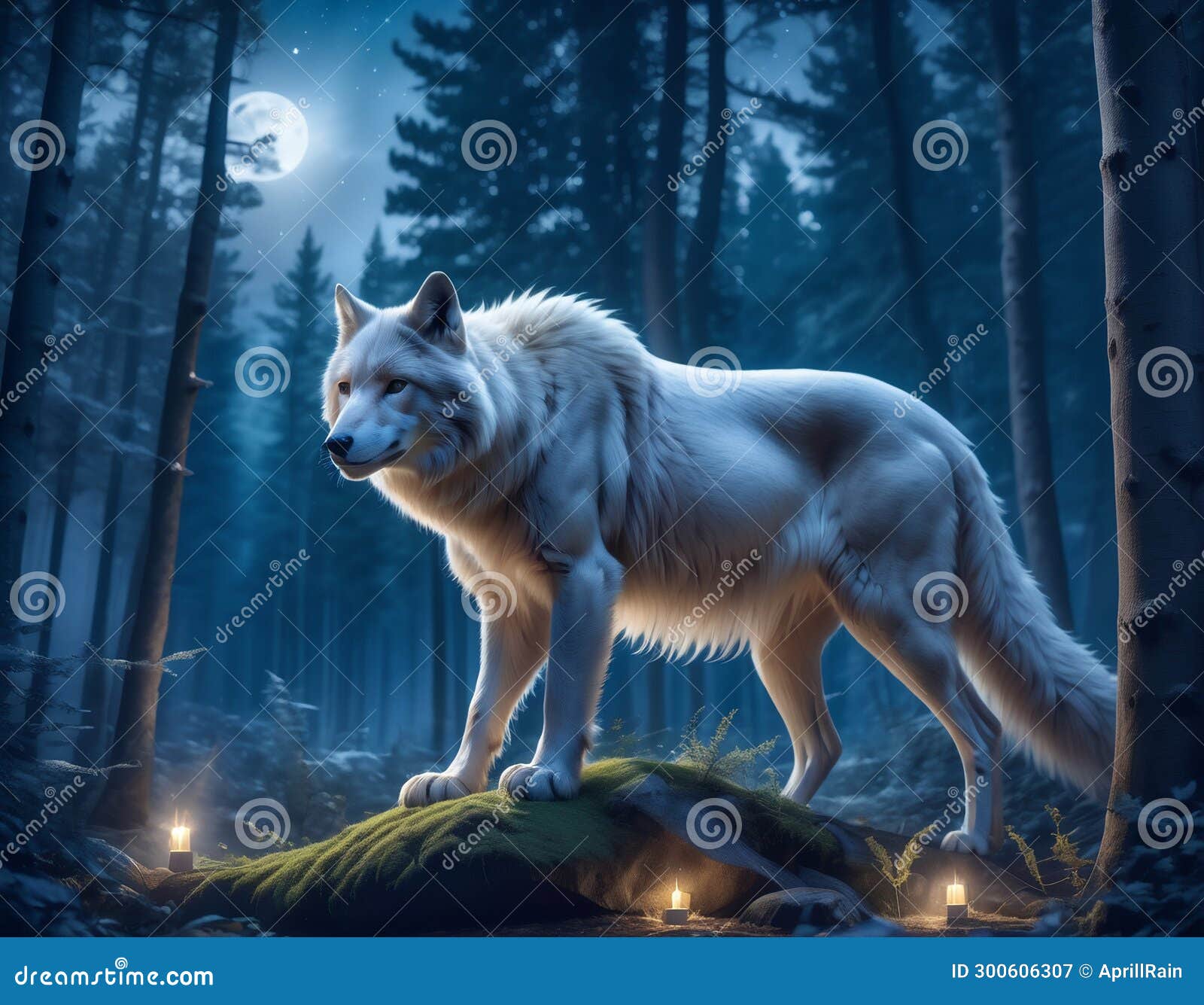 The White Wolf in the Night Forest Stock Image - Image of wallpaper ...