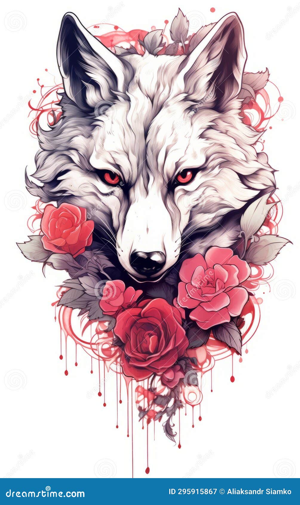 A White Wolf with Red Eyes Surrounded by Roses Stock Image - Image of ...