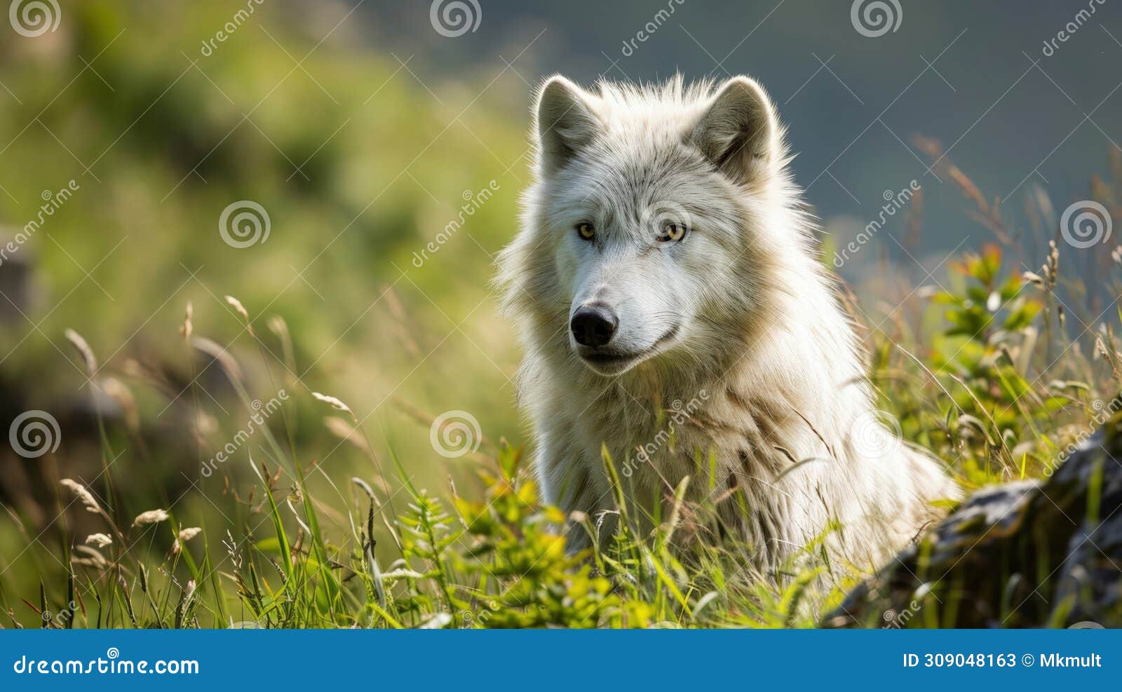 A Majestic White Wolf Sitting in the Grass Stock Image - Image of fauna ...